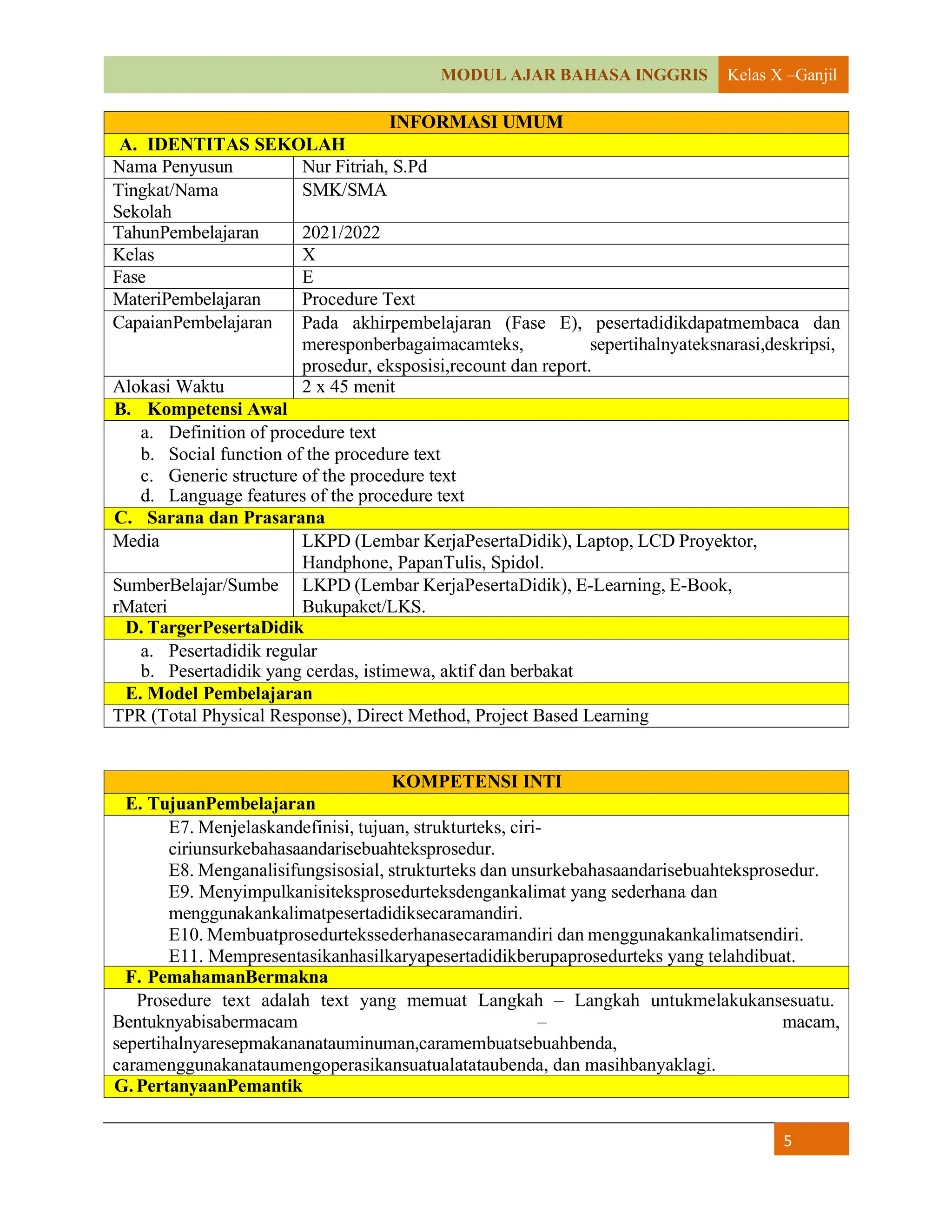 modul ajar kelas x bahasa inggris 2024-2025 | PDF