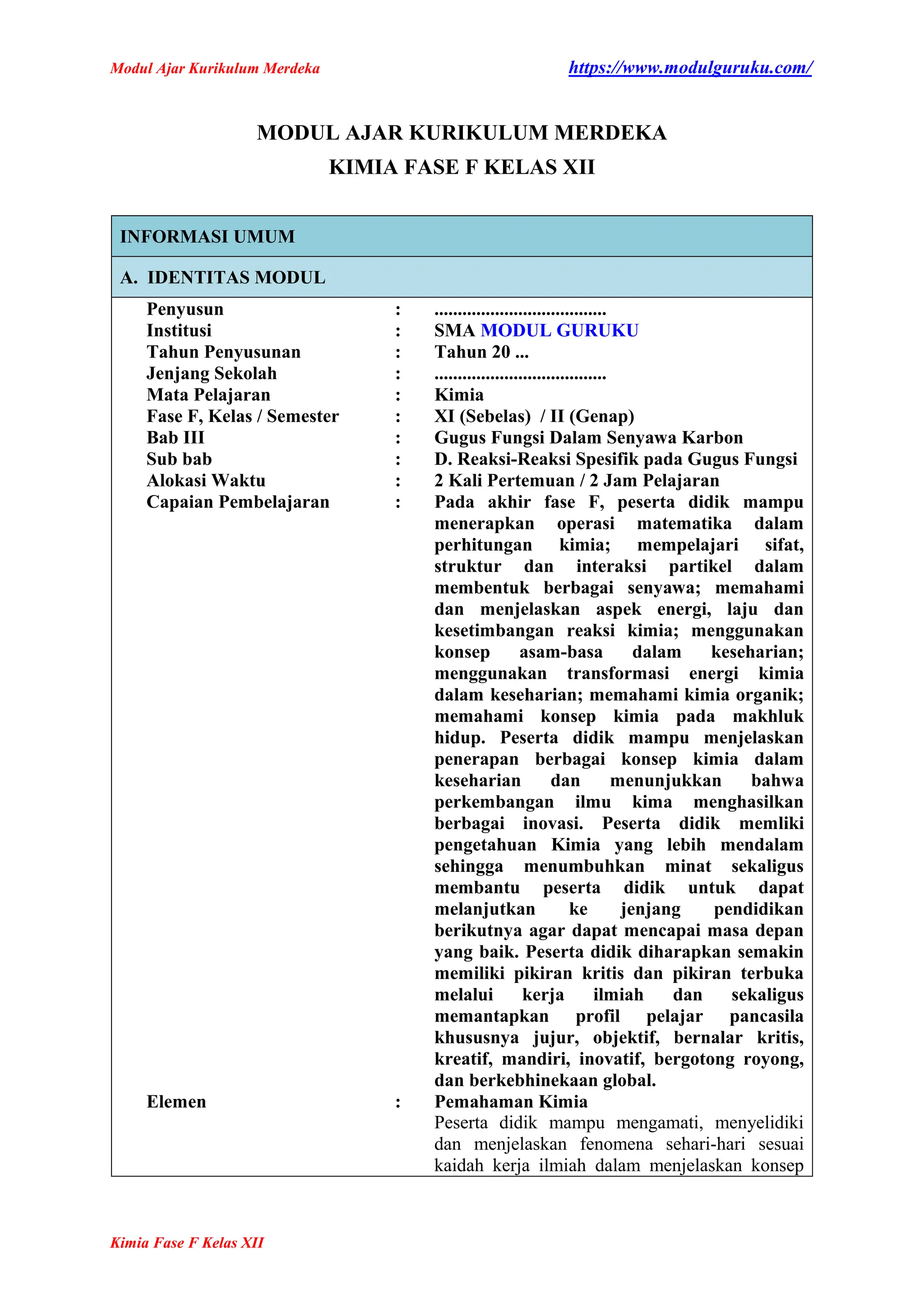 Modul Ajar Kimia Kelas 12 Fase F Kurikulum Merdeka | PDF
