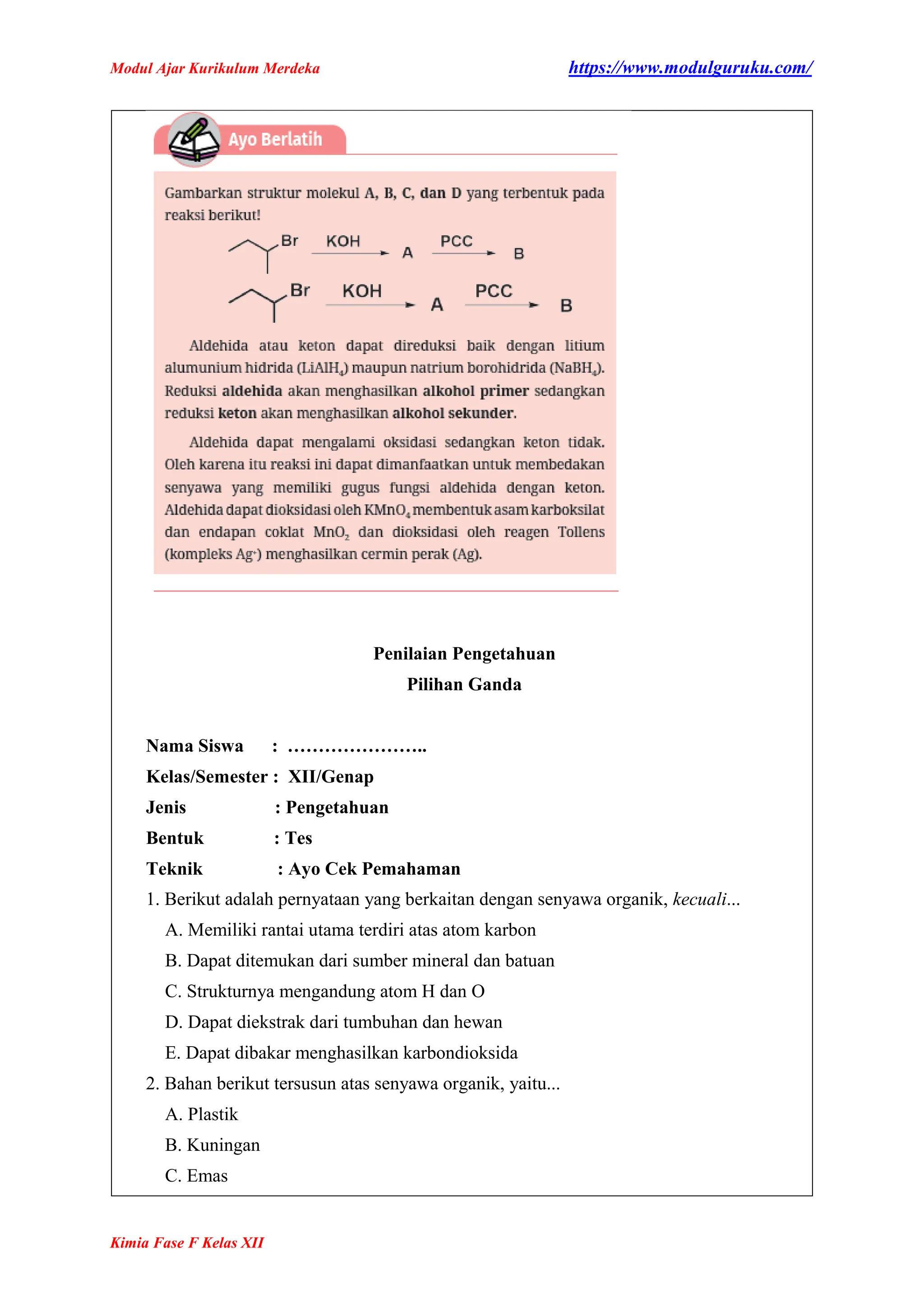 Modul Ajar Kimia Kelas 12 Fase F Kurikulum Merdeka | PDF