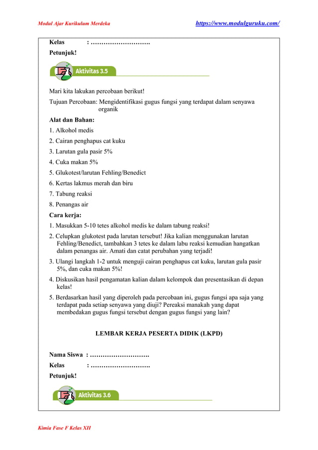 Modul Ajar Kimia Kelas 12 Fase F Kurikulum Merdeka | PDF