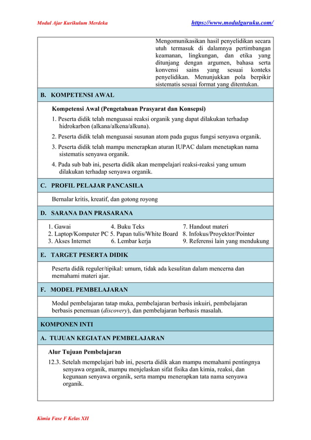 Modul Ajar Kimia Kelas 12 Fase F Kurikulum Merdeka | PDF