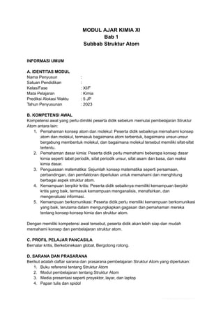 Modul Ajar Kimia XI Pertemuan ke-1 Struktur Atom | PDF