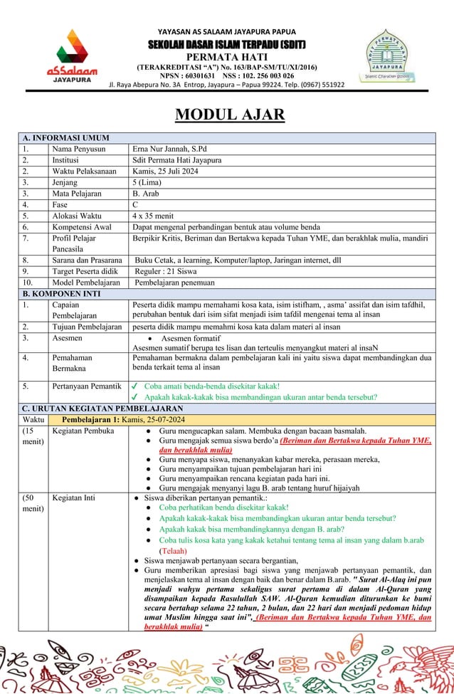 modul ajar al insan kls 5 minggu pertama | DOCX