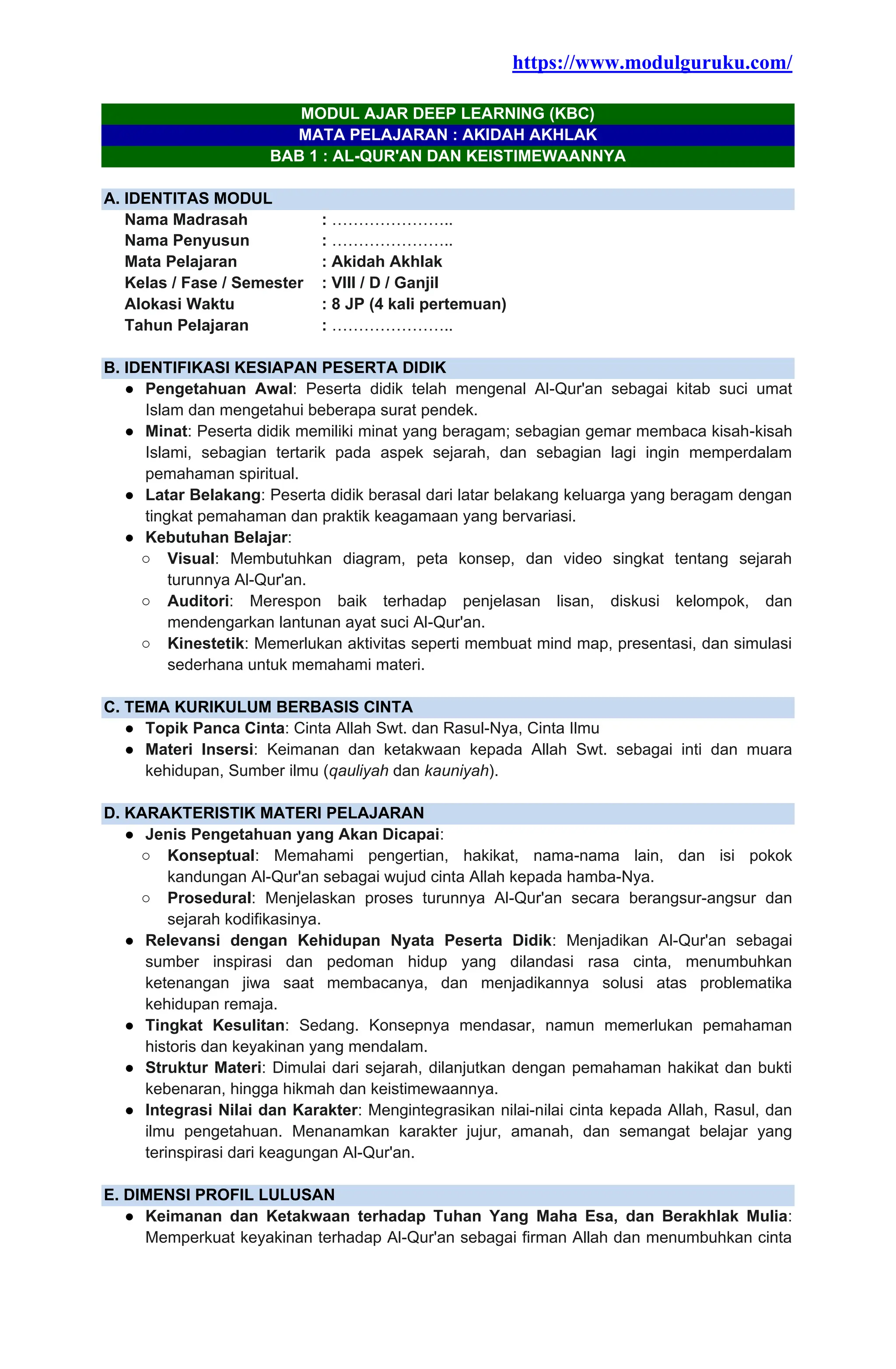 Modul Ajar Kurikulum Berbasis Cinta (KBC) Akidah Akhlak Kelas 8 ...