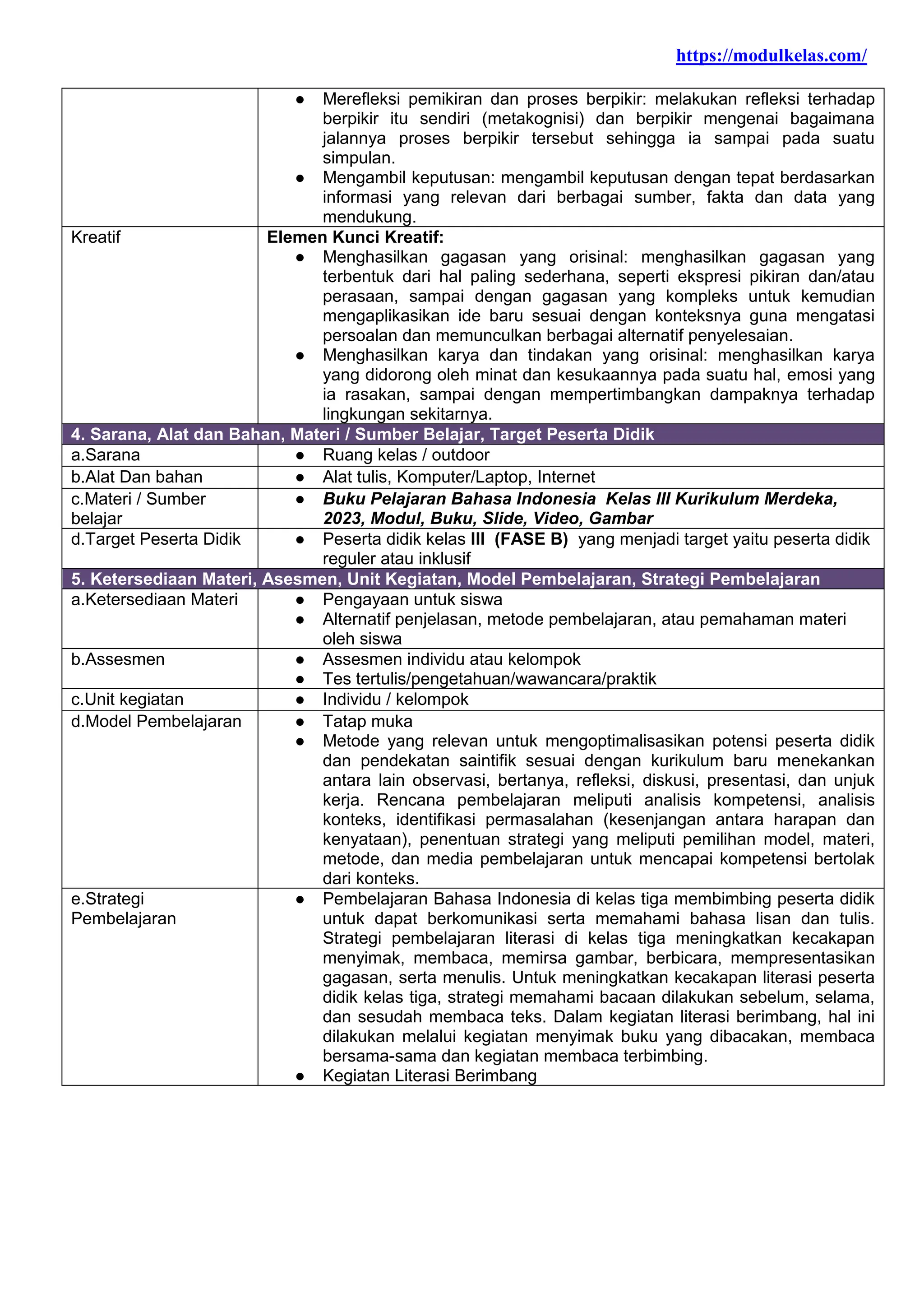 Modul Ajar Bahasa Indonesia Kelas 3 Fase B Kurikulum Merdeka | PDF