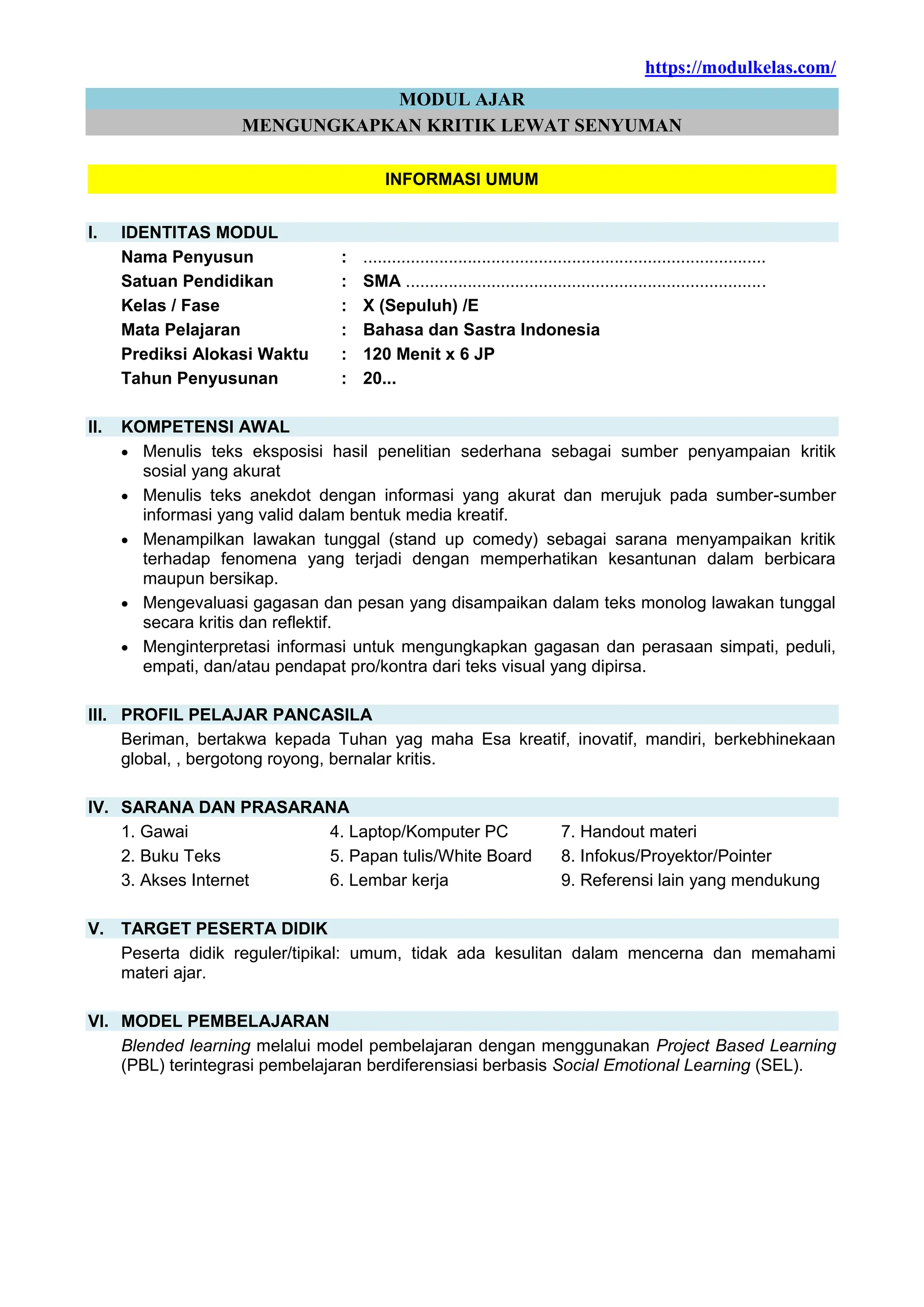 Modul Ajar Bahasa Indonesia Kelas 10 Fase E Kurikulum Merdeka | PDF