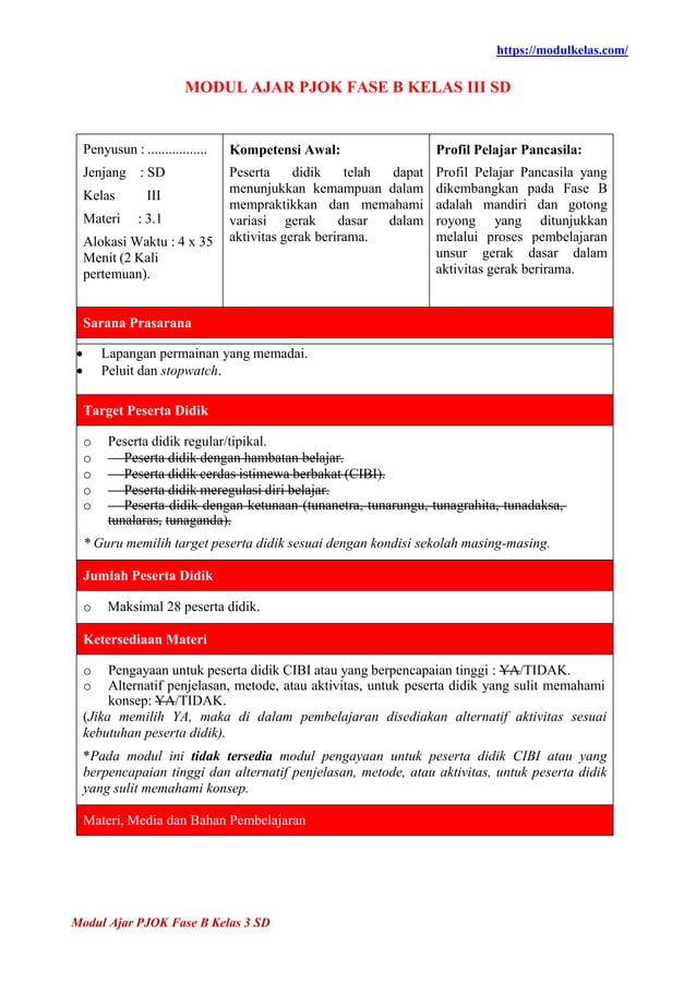 Modul Ajar PJOK Kelas 3 SD/MI Fase B Kurikulum Merdeka | PDF