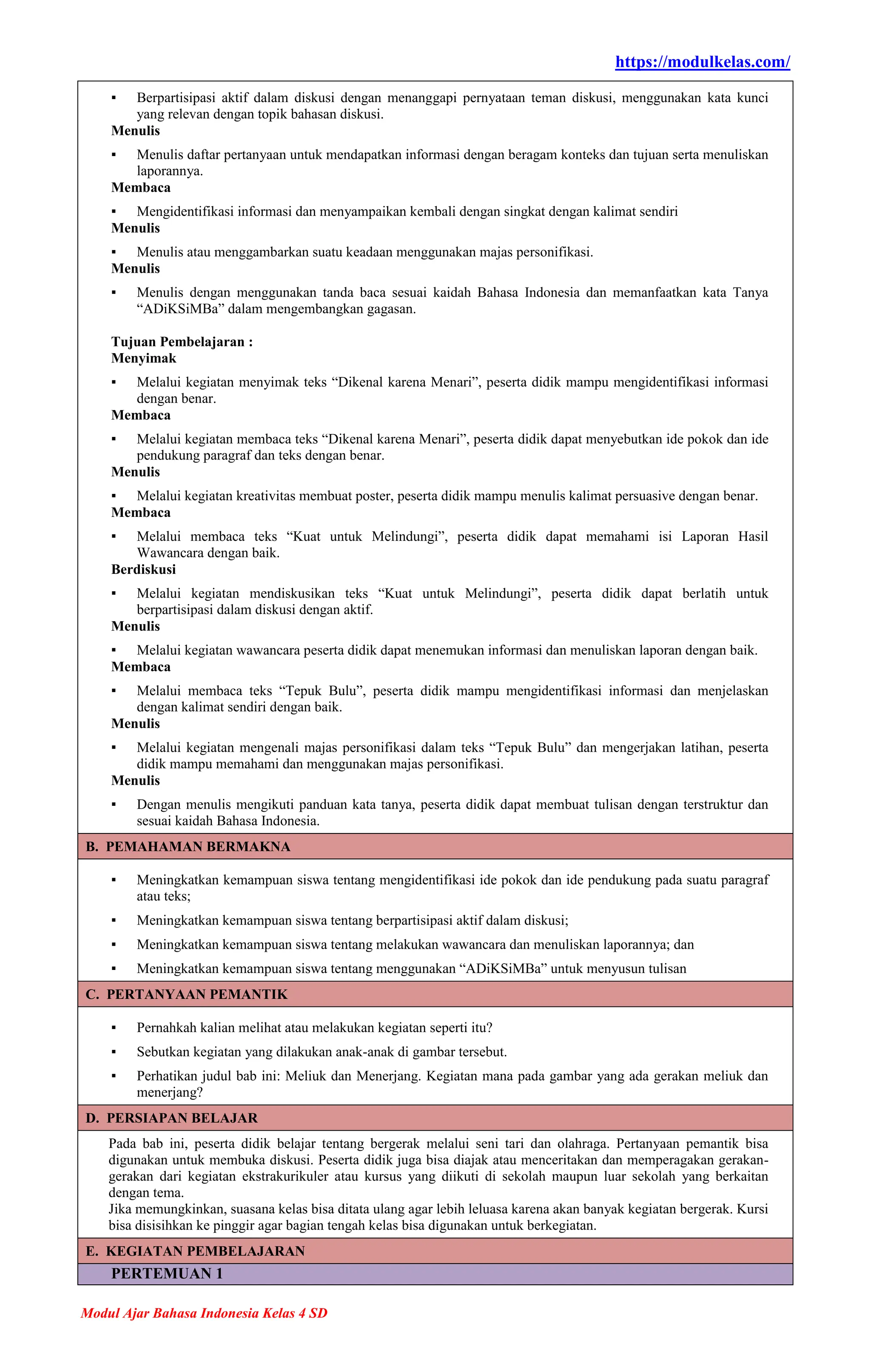 Modul Ajar Bahasa Indonesia Kelas 4 Fase B Kurikulum Merdeka | PDF
