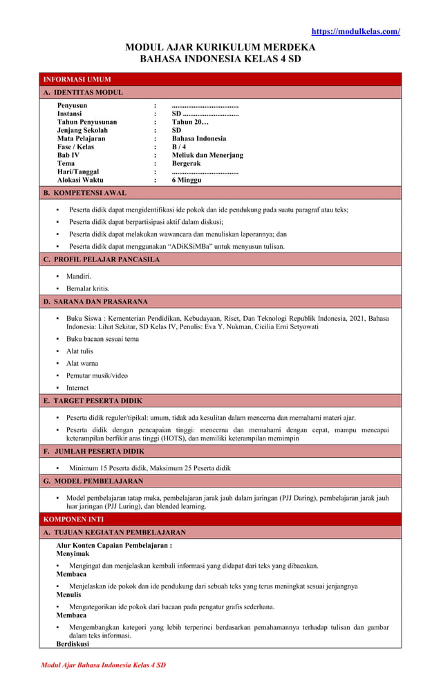 Modul Ajar Bahasa Indonesia Kelas 4 Fase B Kurikulum Merdeka | PDF