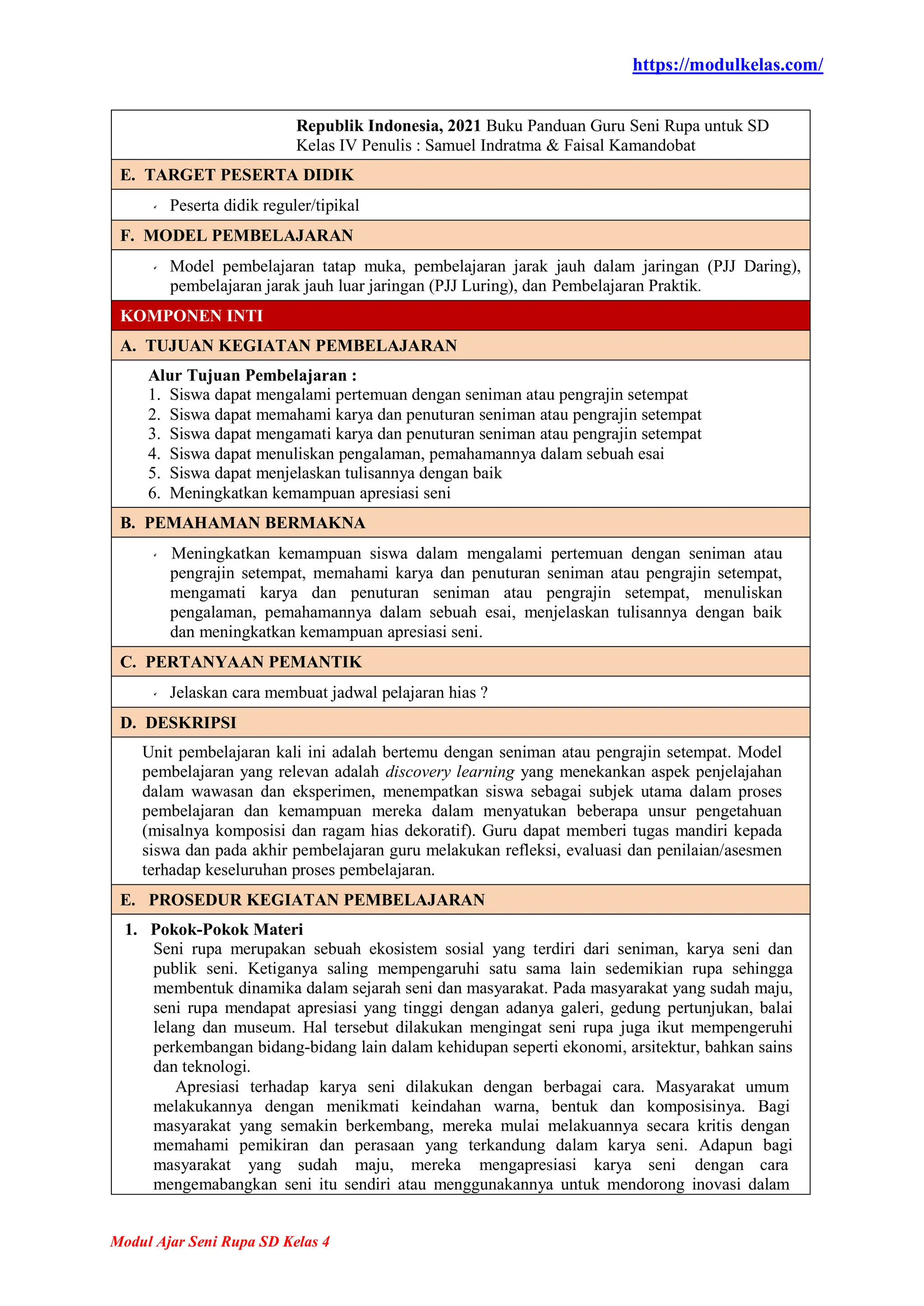 Modul Ajar Seni Rupa Kelas 4 SD/MI Fase B Kurikulum Merdeka | PDF