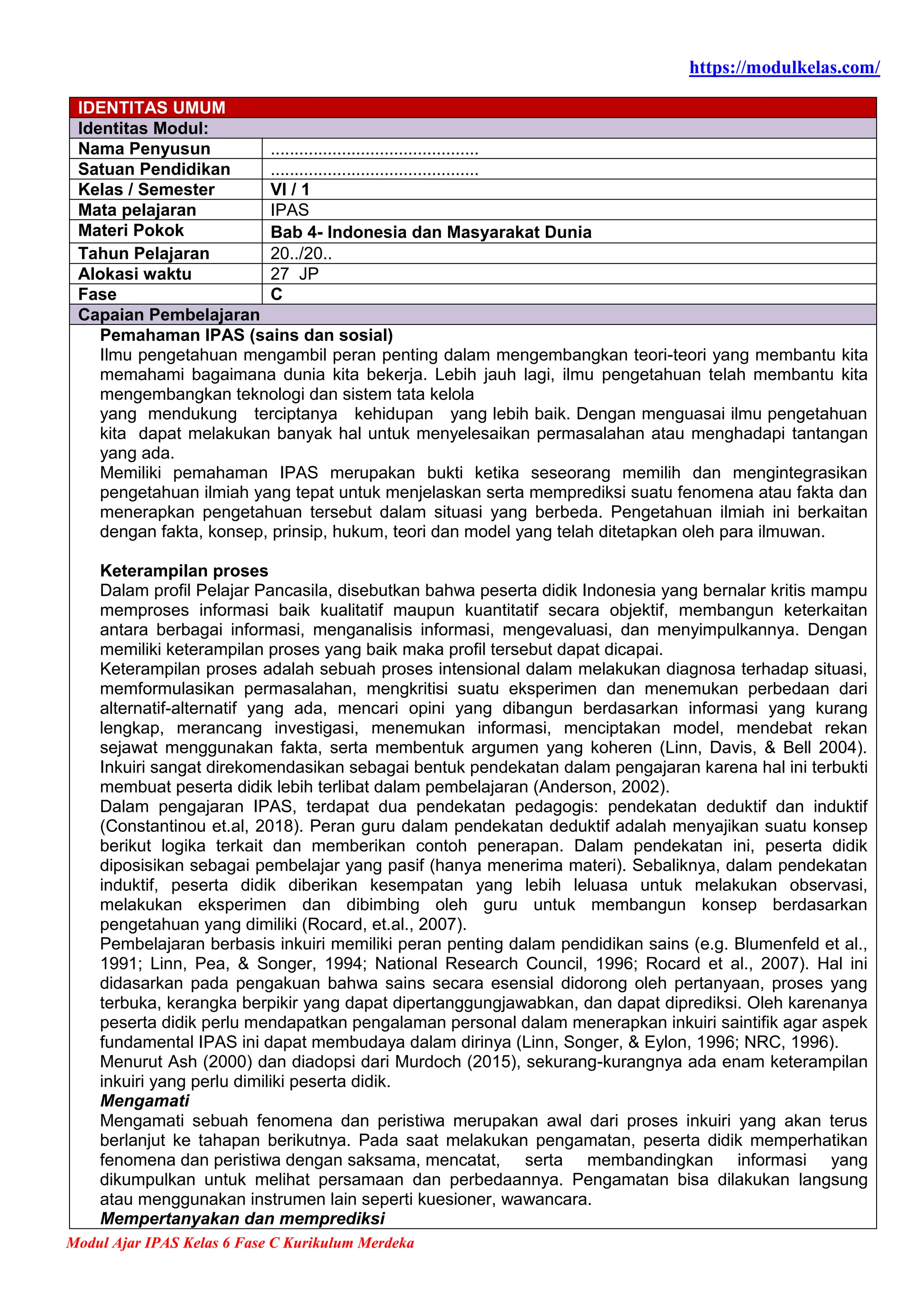Modul Ajar IPAS Kelas 6 Fase C Kurikulum Merdeka | PDF