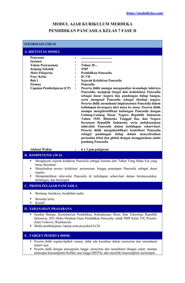 Modul Ajar Pendidikan Pancasila Kelas 7 SMP/MTs Fase D Kurikulum ...