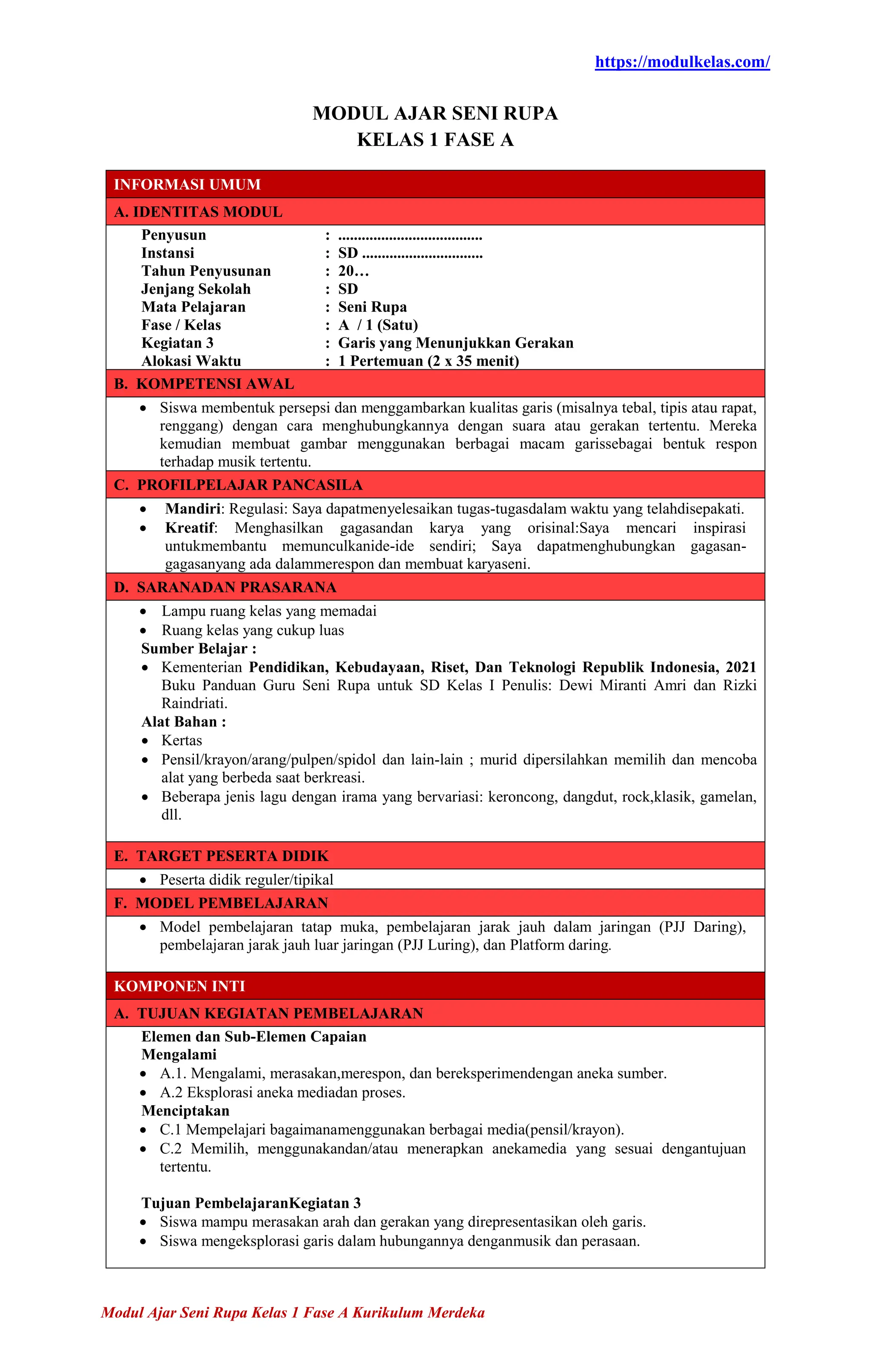 Modul Ajar Seni Rupa Kelas 1 Fase A Kurikulum Merdeka | PDF