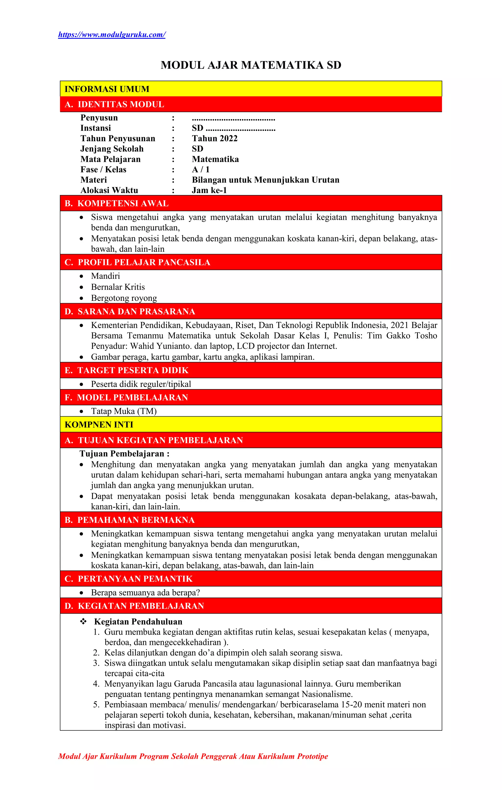 Modul Ajar Matematika BAB 3 Kelas 1 | DOCX