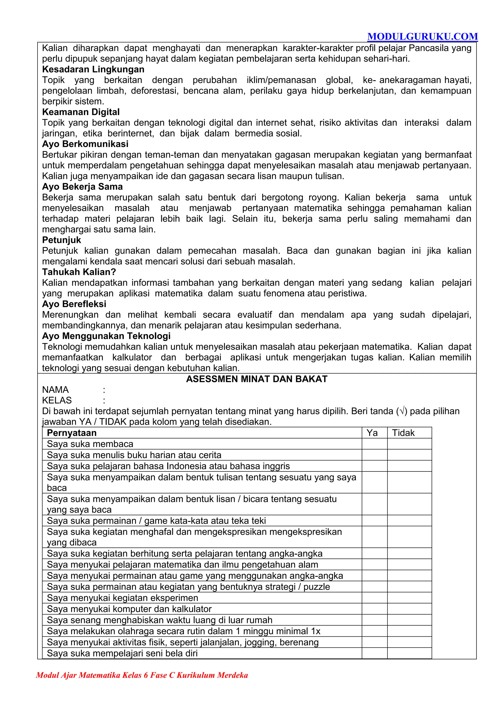Modul Ajar Matematika Kelas 6 Fase C Kurikulum Merdeka | PDF