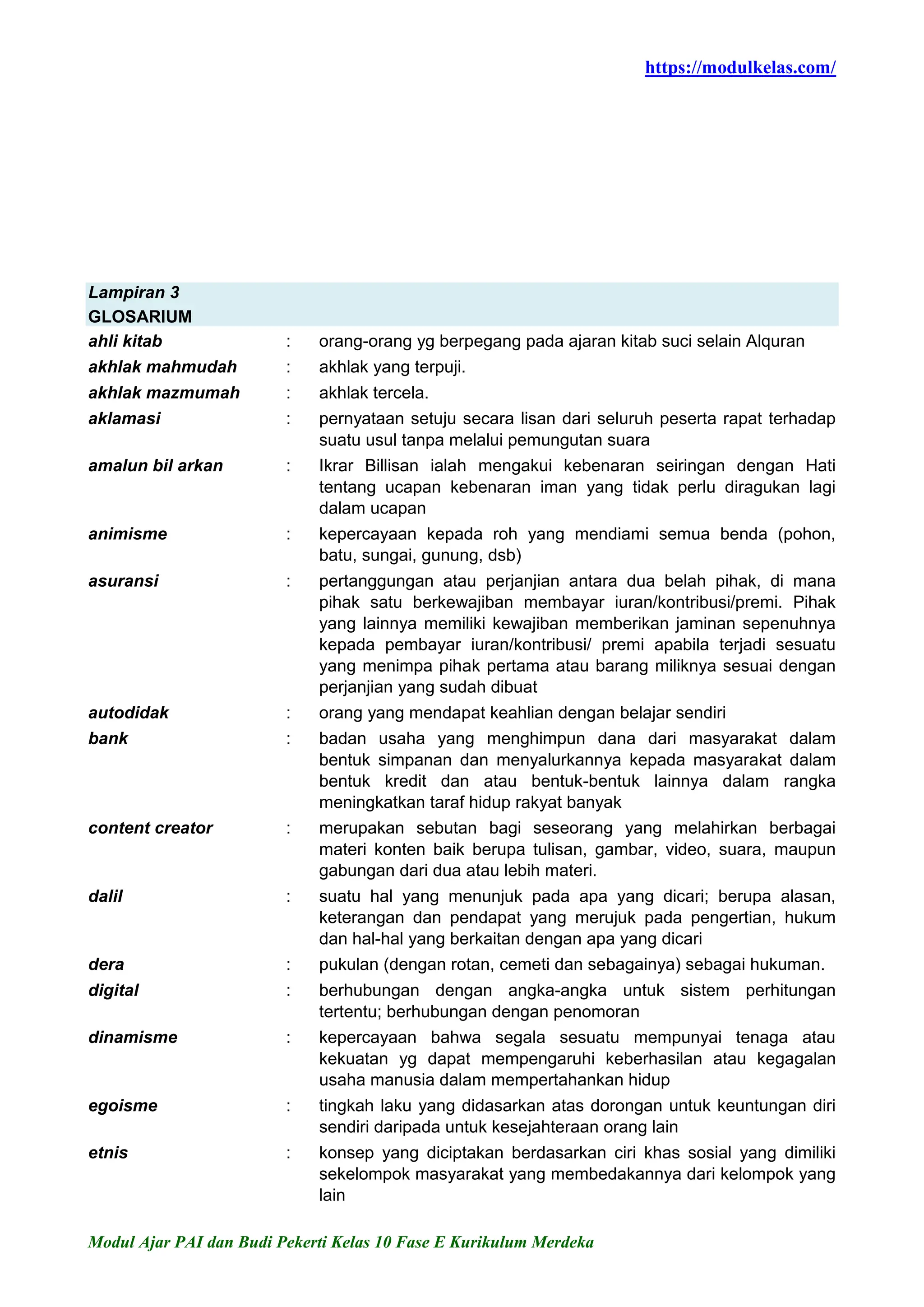 Modul Ajar PAI dan Budi Pekerti Kelas 10 SMA Fase E Kurikulum Merdeka | PDF