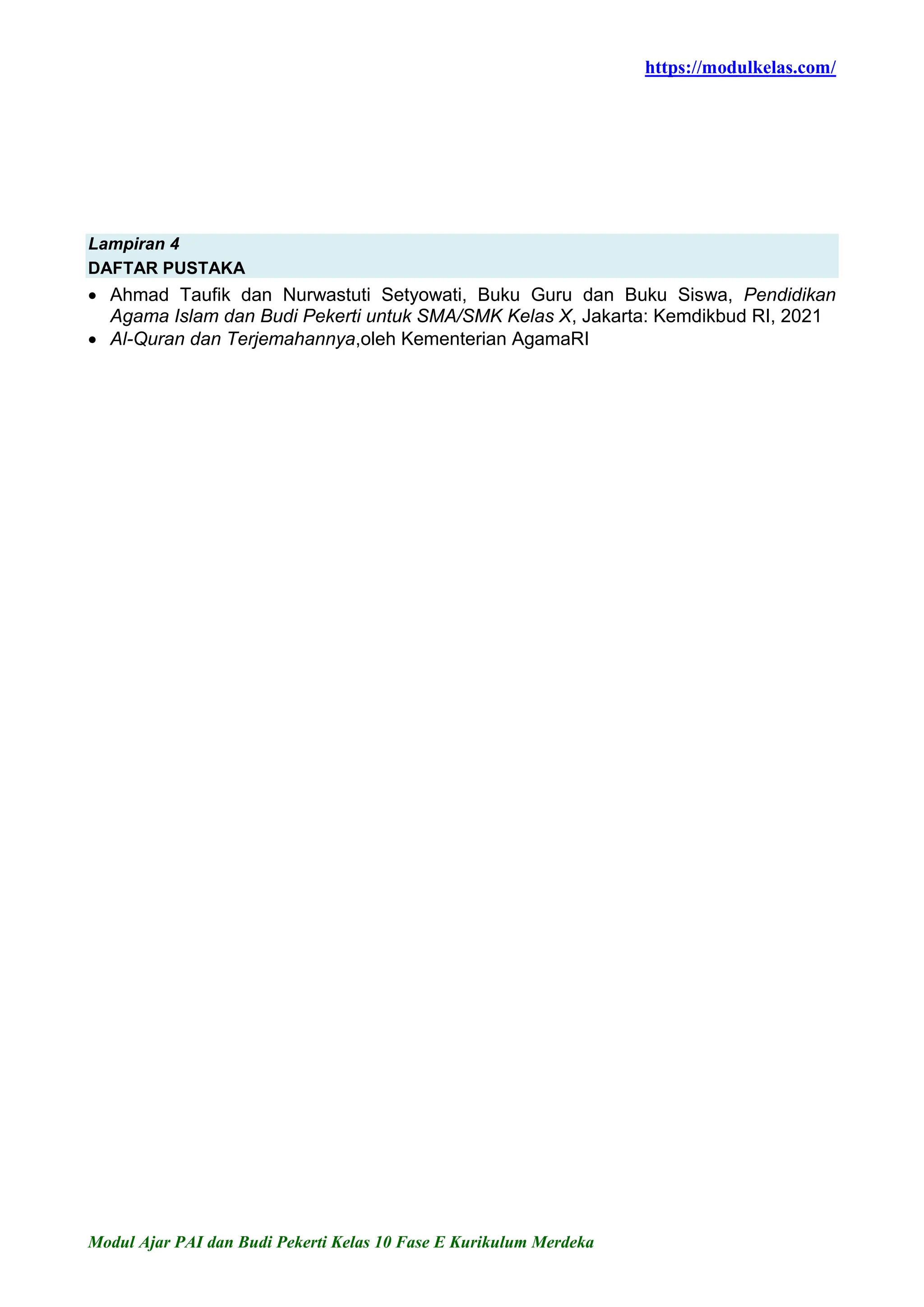 Modul Ajar PAI dan Budi Pekerti Kelas 10 SMA Fase E Kurikulum Merdeka | PDF