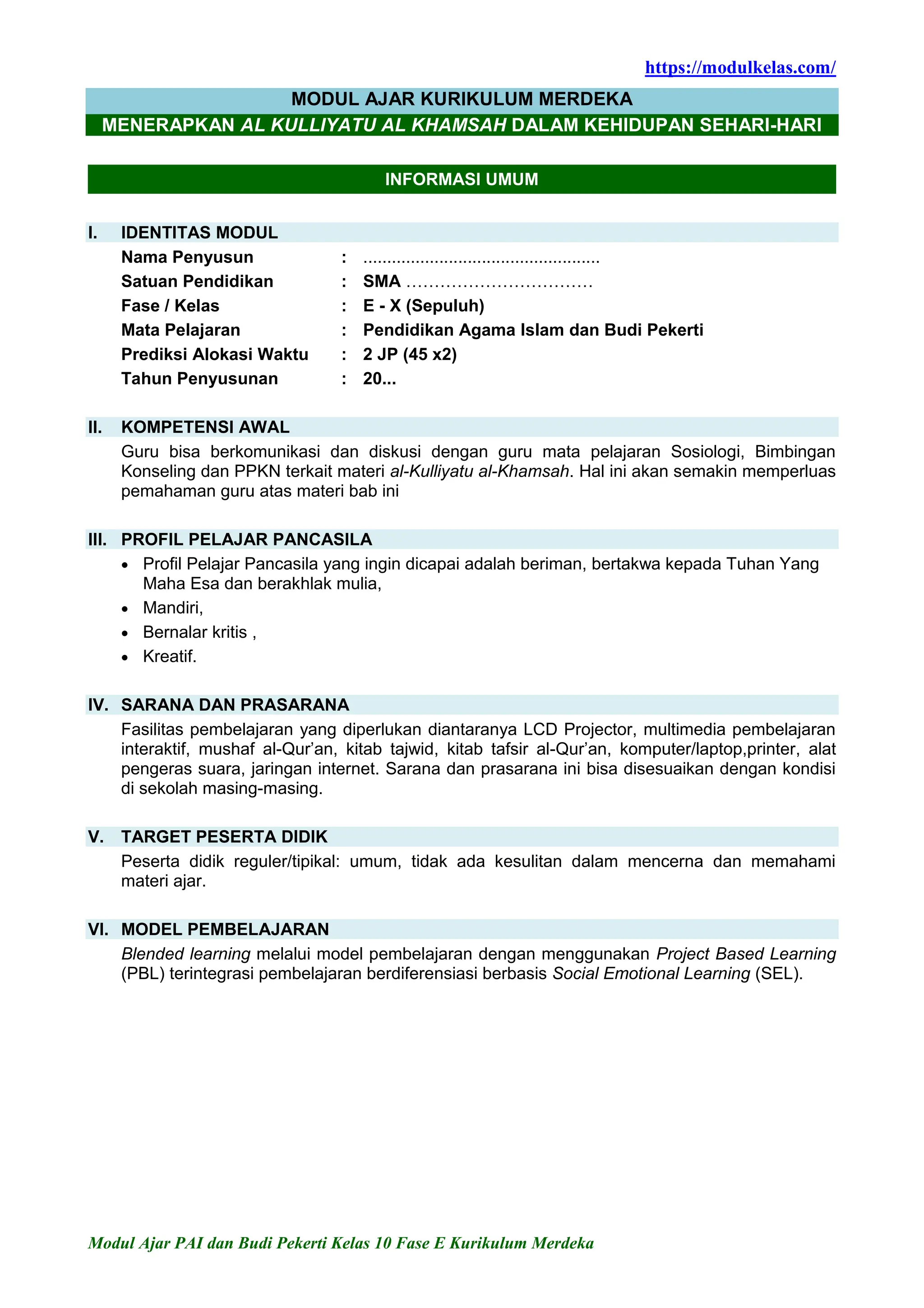 Modul Ajar PAI dan Budi Pekerti Kelas 10 SMA Fase E Kurikulum Merdeka | PDF