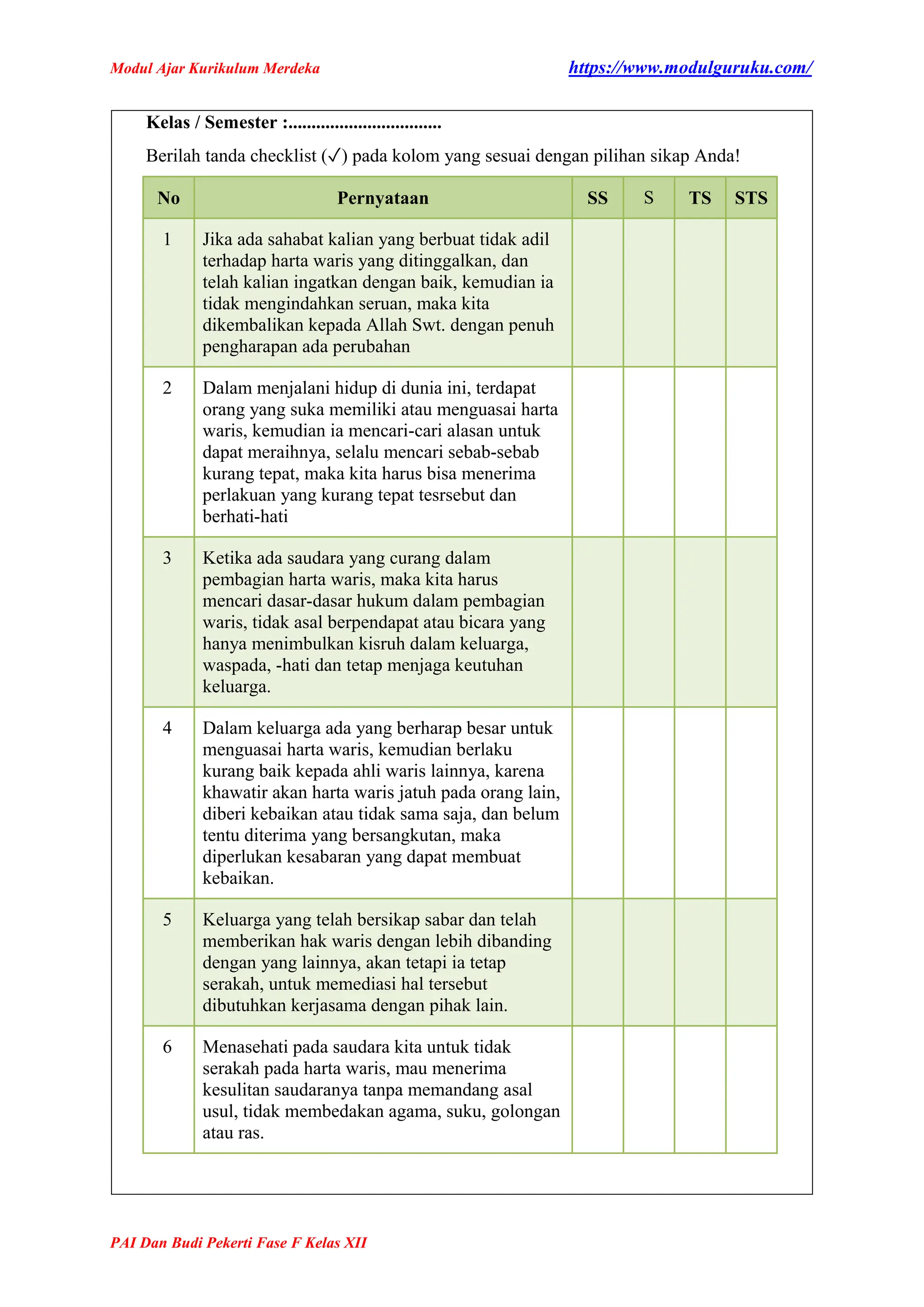 Modul Ajar PAI dan Budi Pekerti Kelas 12 Fase F Kurikulum Merdeka | PDF