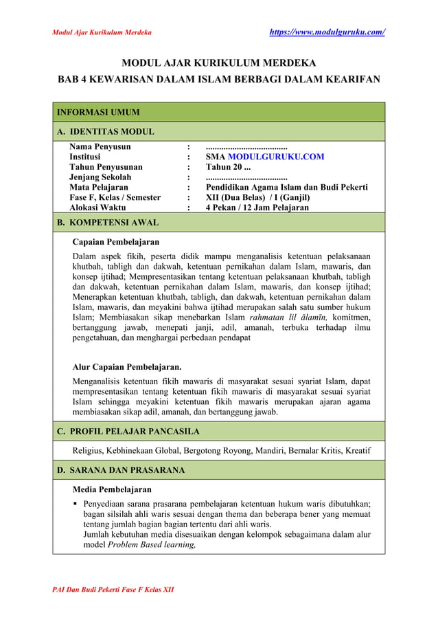 Modul Ajar PAI dan Budi Pekerti Kelas 12 Fase F Kurikulum Merdeka | PDF