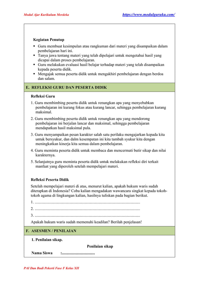 Modul Ajar PAI dan Budi Pekerti Kelas 12 Fase F Kurikulum Merdeka | PDF