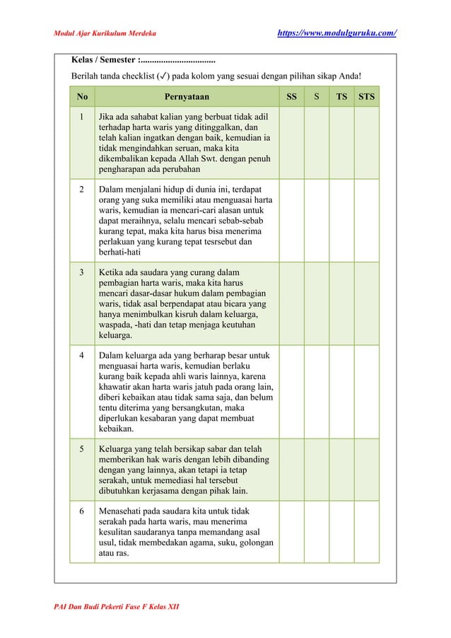 Modul Ajar PAI dan Budi Pekerti Kelas 12 Fase F Kurikulum Merdeka | PDF