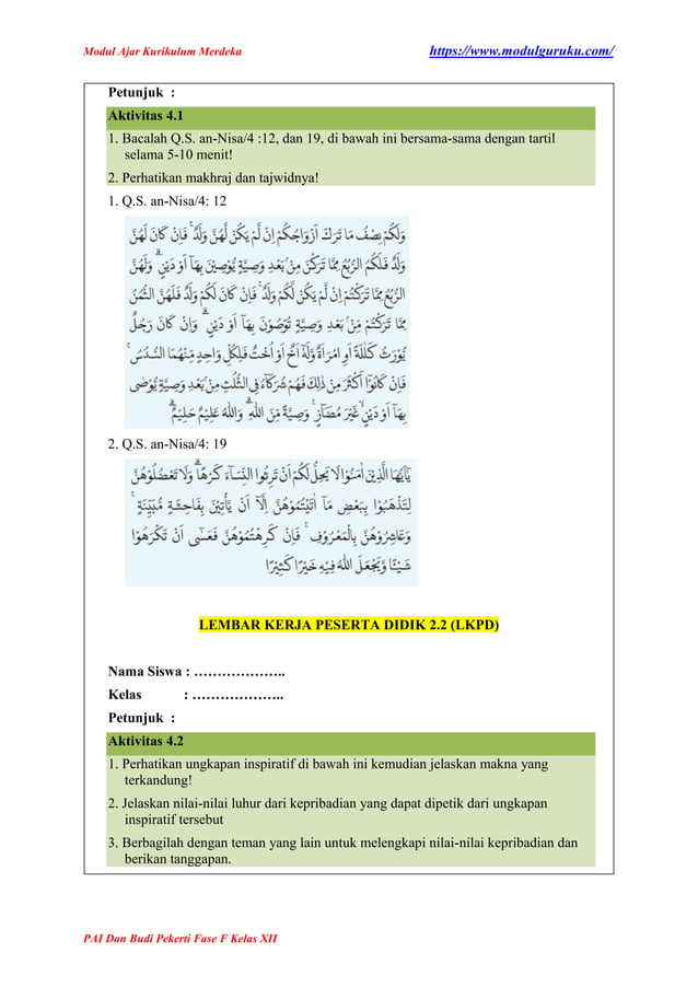 Modul Ajar PAI dan Budi Pekerti Kelas 12 Fase F Kurikulum Merdeka | PDF
