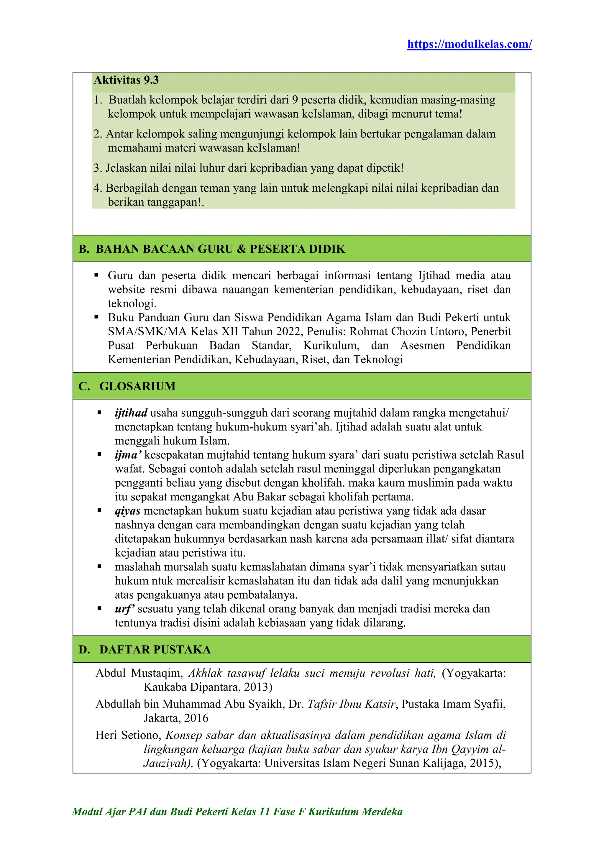 Modul Ajar PAI dan Budi Pekerti Kelas 12 SMA Fase F Kurikulum Merdeka | PDF