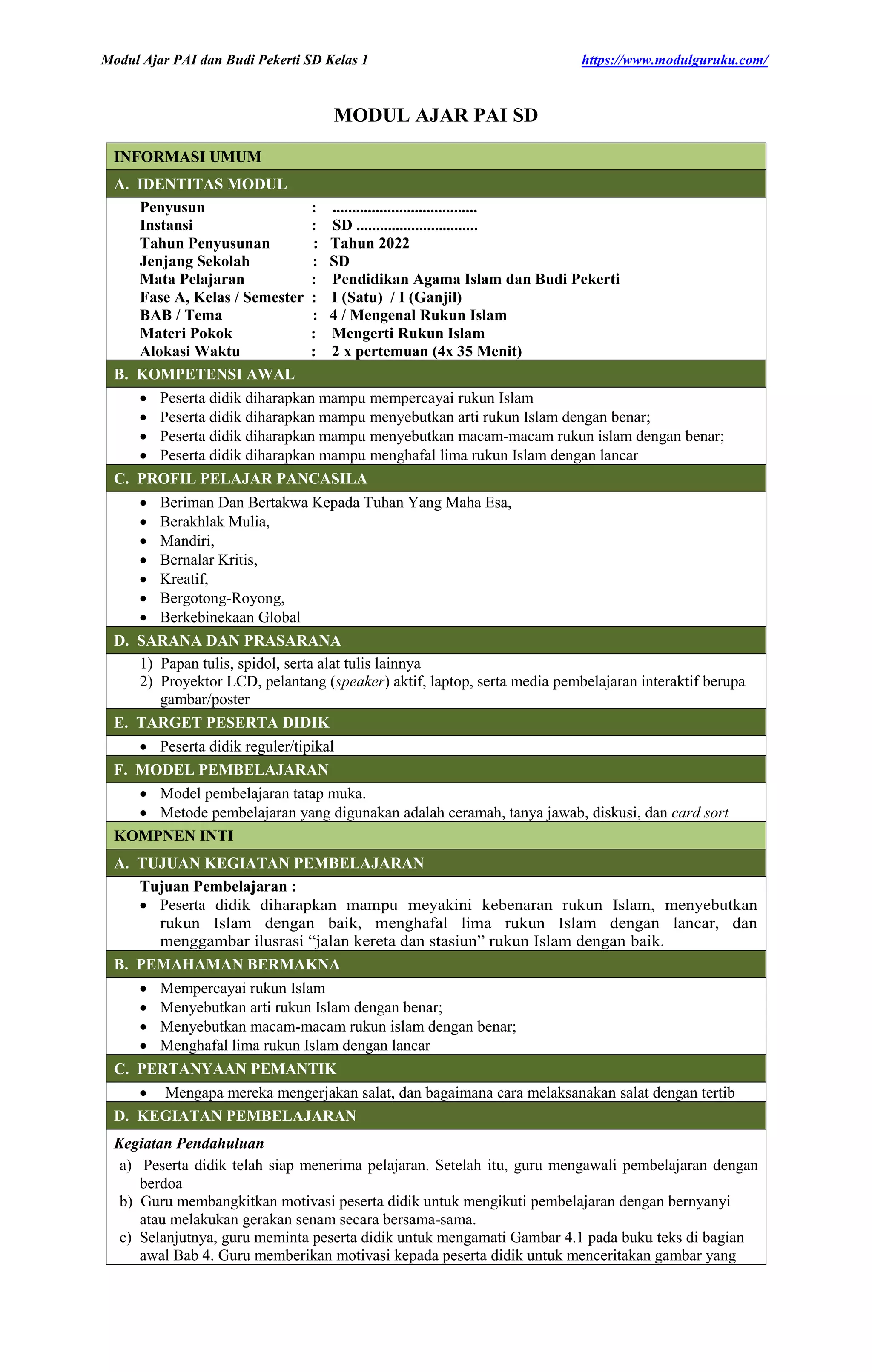 MODUL AJAR PENDIDIKAN AGAMA ISLAM (PAI) DAN BUDI PEKERTI KELAS 1 BAB 4 ...