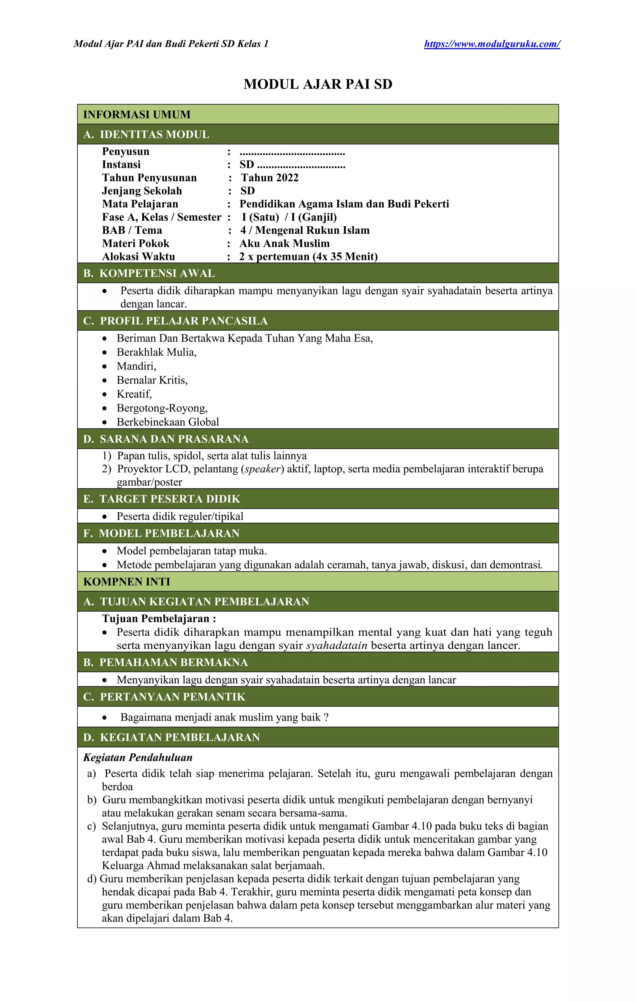 MODUL AJAR PENDIDIKAN AGAMA ISLAM (PAI) DAN BUDI PEKERTI KELAS 1 BAB 4 | DOCX