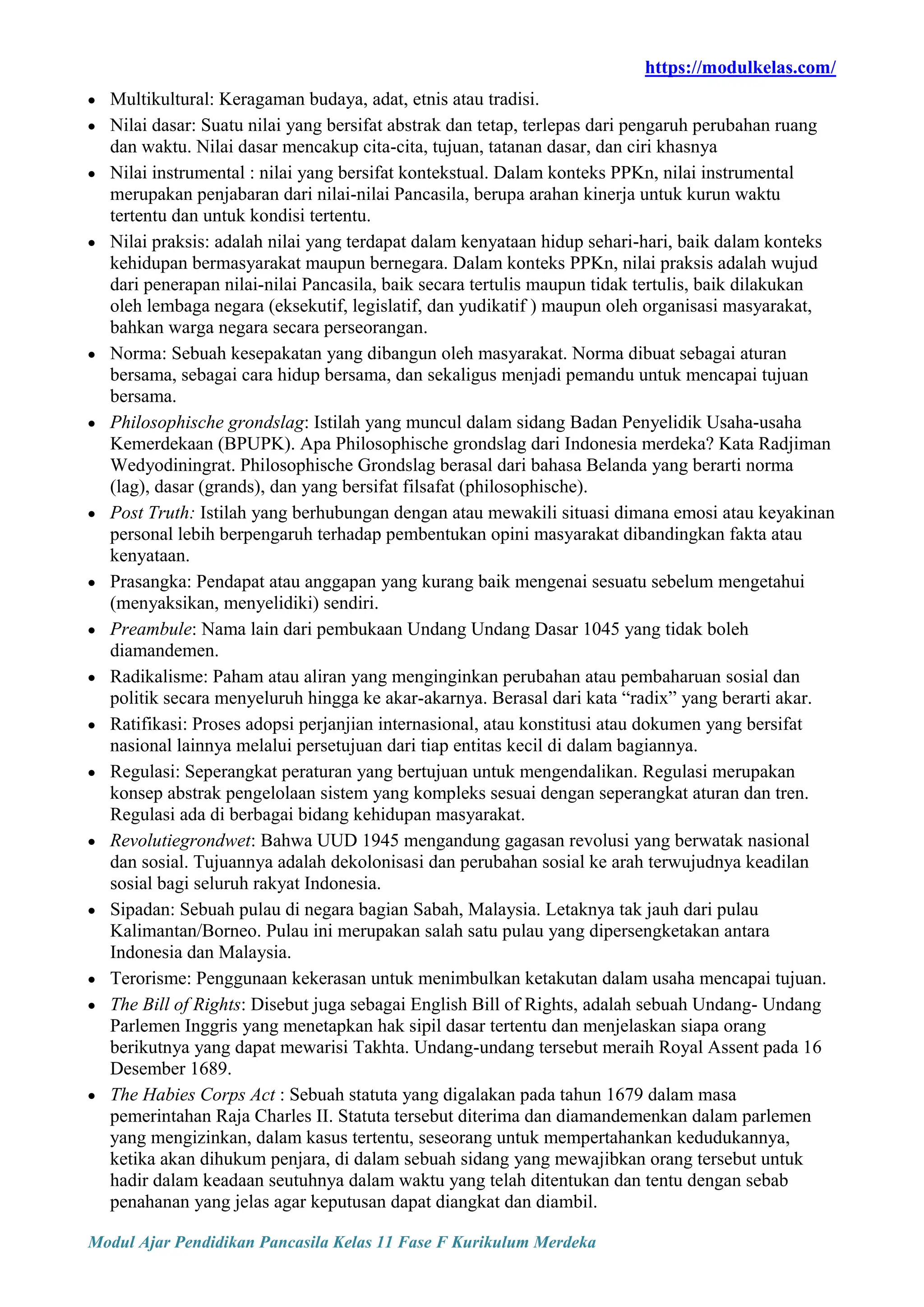 Modul Ajar Pendidikan Pancasila Kelas 11 SMA/MA Fase F Kurikulum Merdeka | PDF