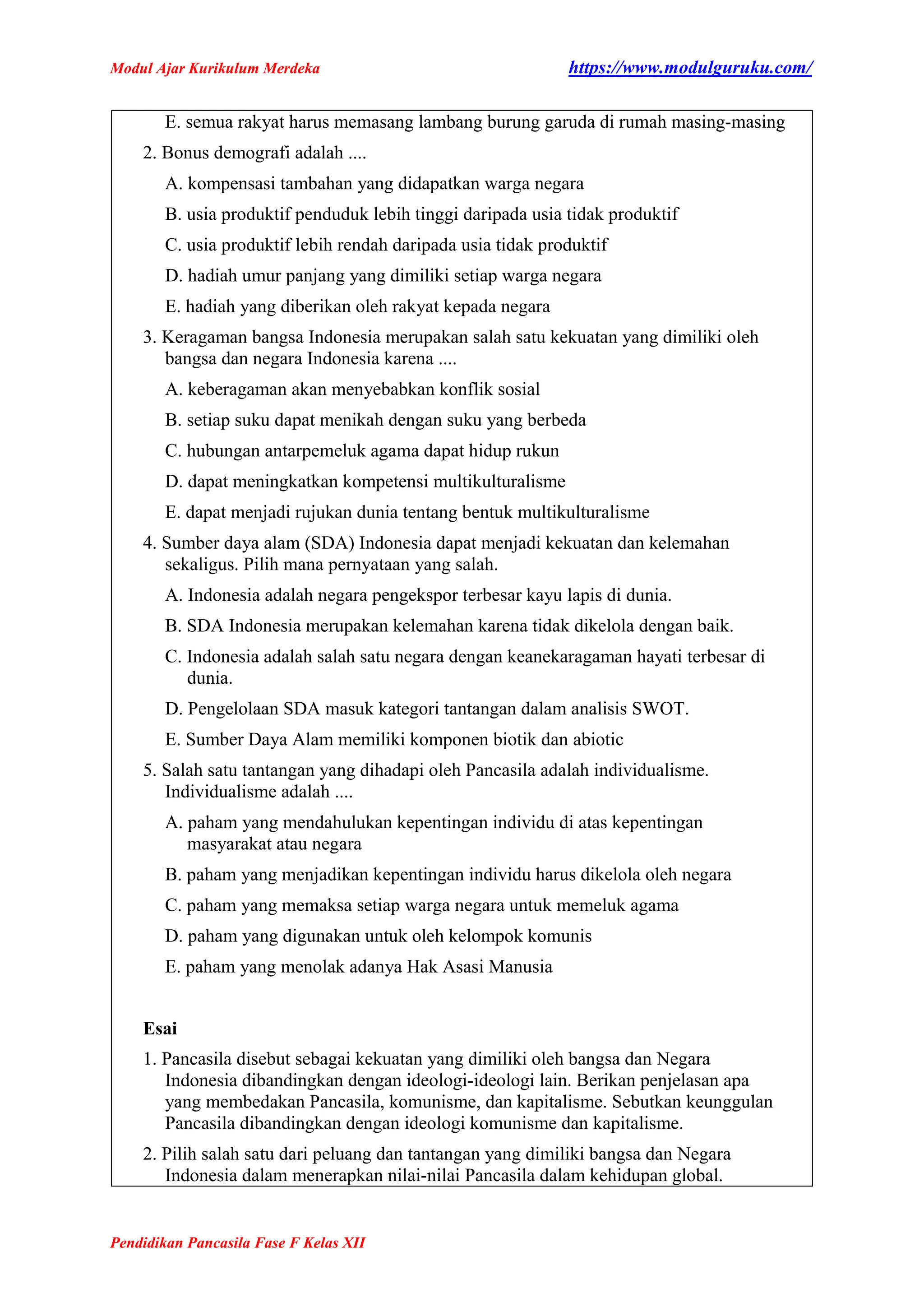 Modul Ajar Pendidikan Pancasila Kelas 12 Fase F Kurikulum Merdeka | PDF