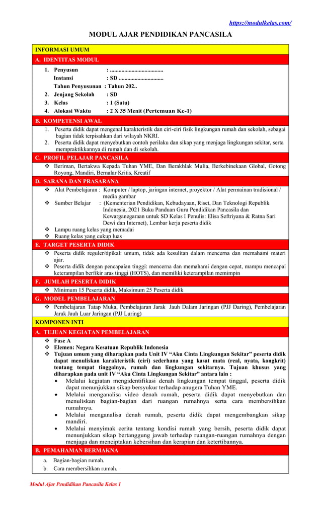 Modul Ajar Pendidikan Pancasila Kelas 1 Fase A Kurikulum Merdeka | PDF