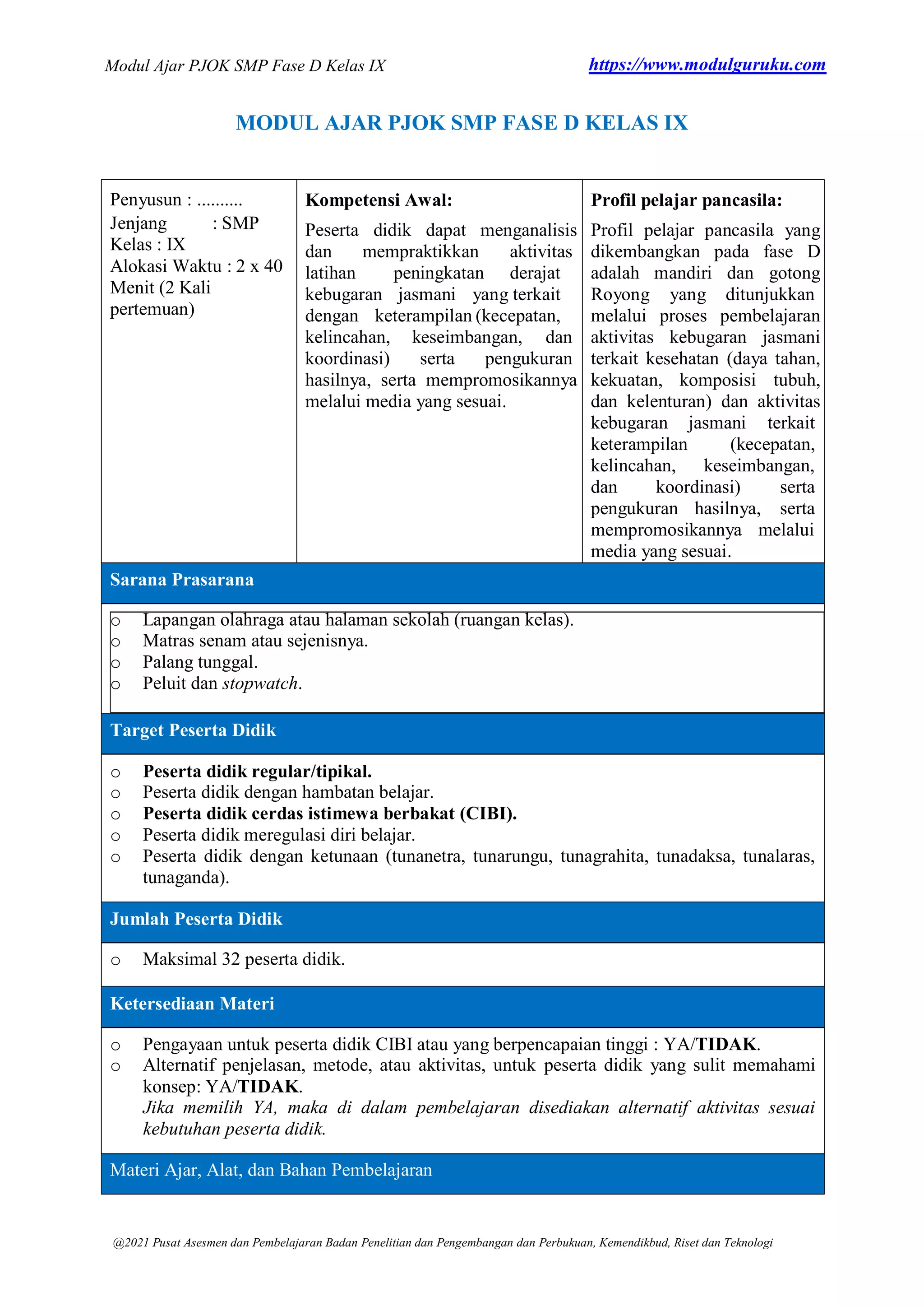 MODUL AJAR PJOK AKTIVITAS KEBUGARAN JASMANI FASE D KELAS 9 SMP | DOC