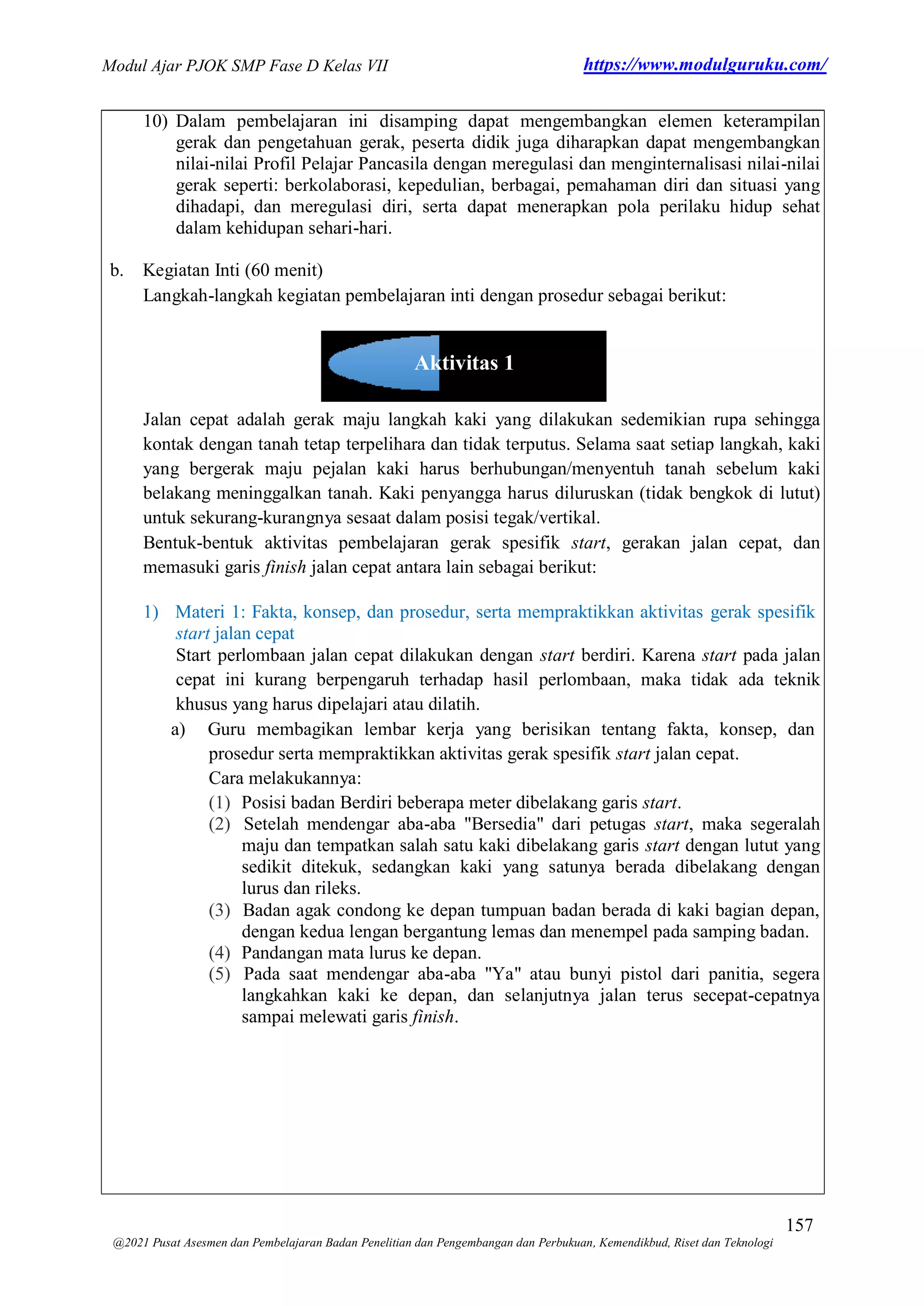 MODUL AJAR PJOK JALAN CEPAT FASE D KELAS 7 SMP | DOC