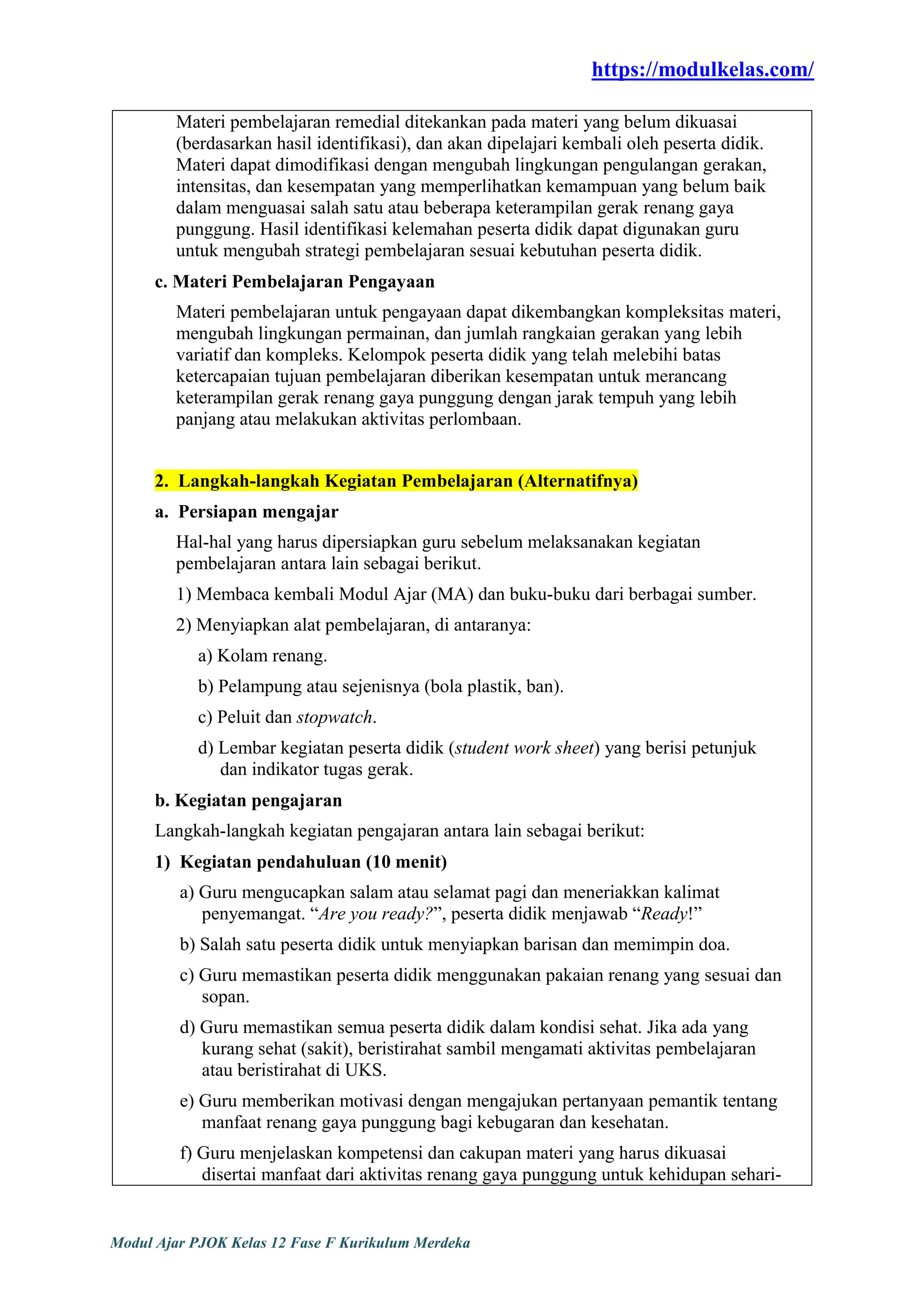 Modul Ajar PJOK Kelas 12 SMA/MA Fase F Kurikulum Merdeka | PDF
