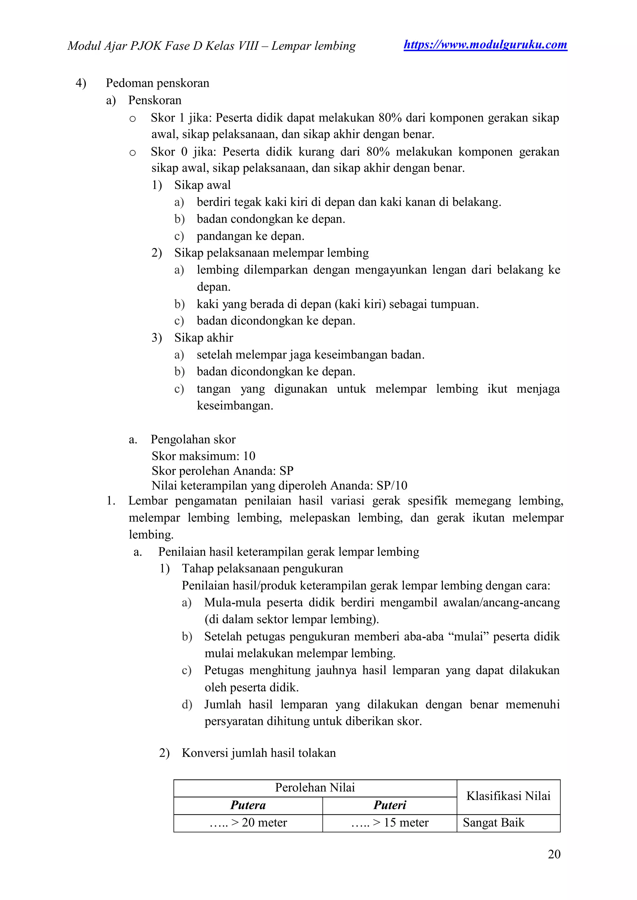 MODUL AJAR PJOK LEMPAR LEMBING FASE D KELAS 8 SMP | DOC