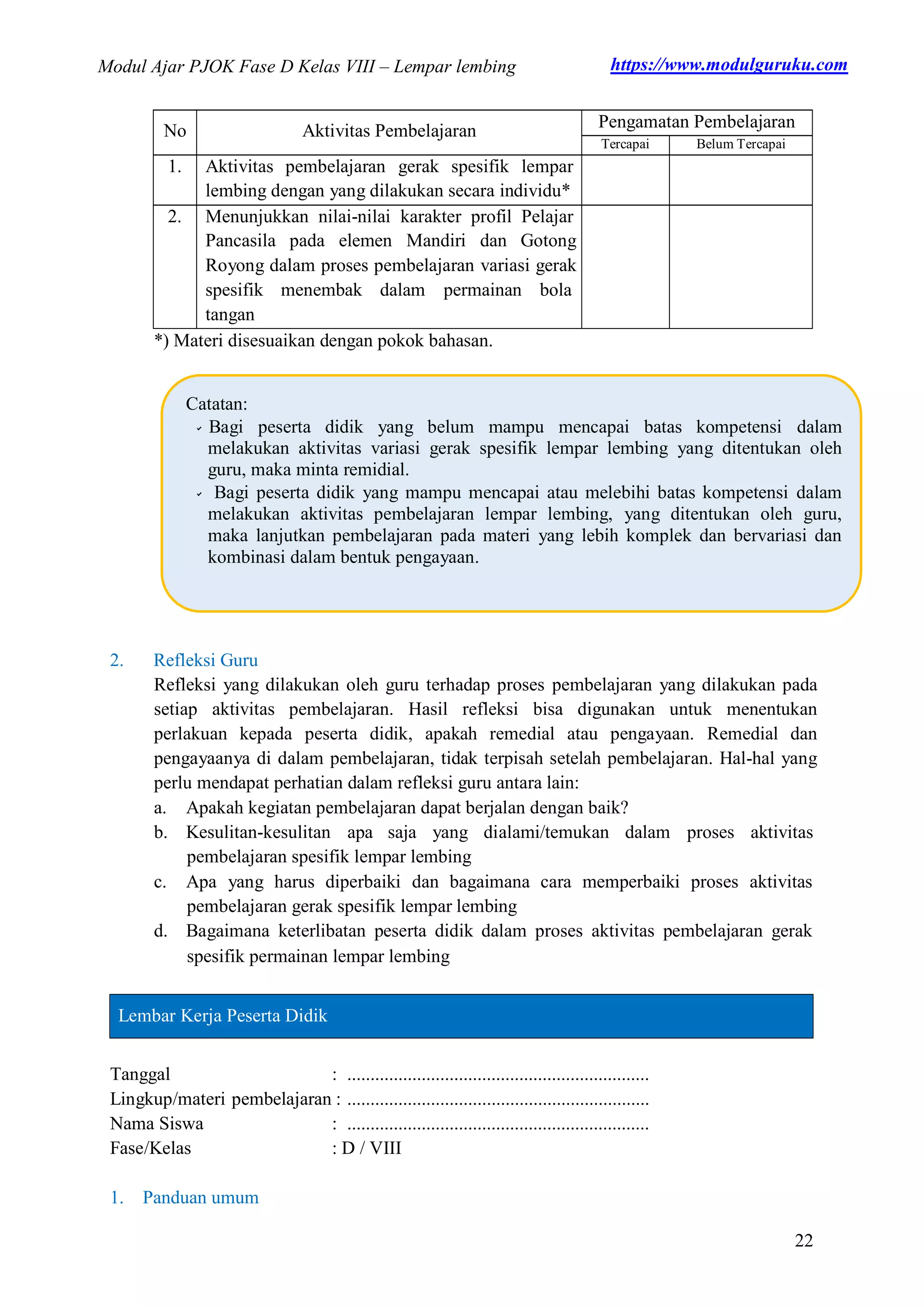 MODUL AJAR PJOK LEMPAR LEMBING FASE D KELAS 8 SMP | DOC