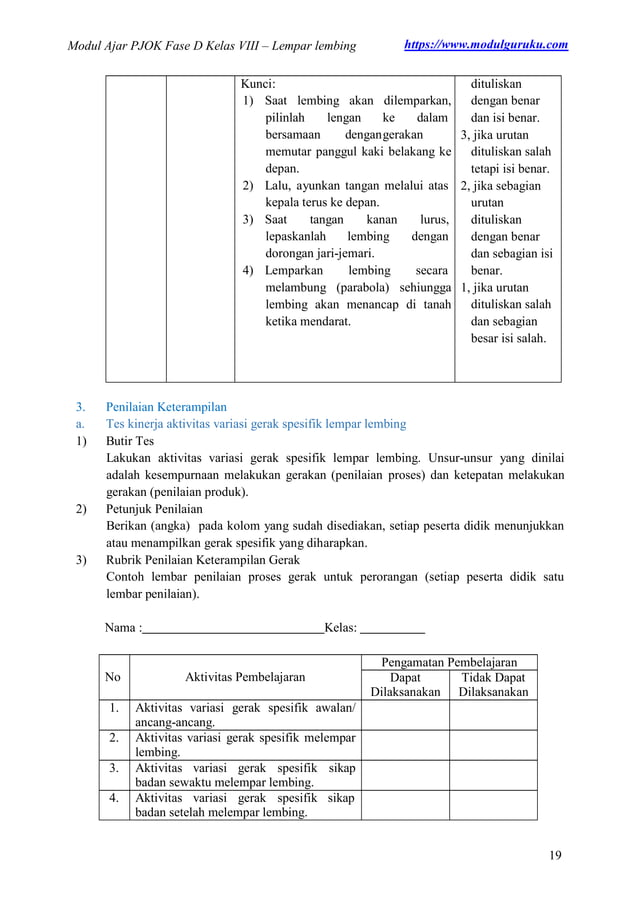MODUL AJAR PJOK LEMPAR LEMBING FASE D KELAS 8 SMP | DOC