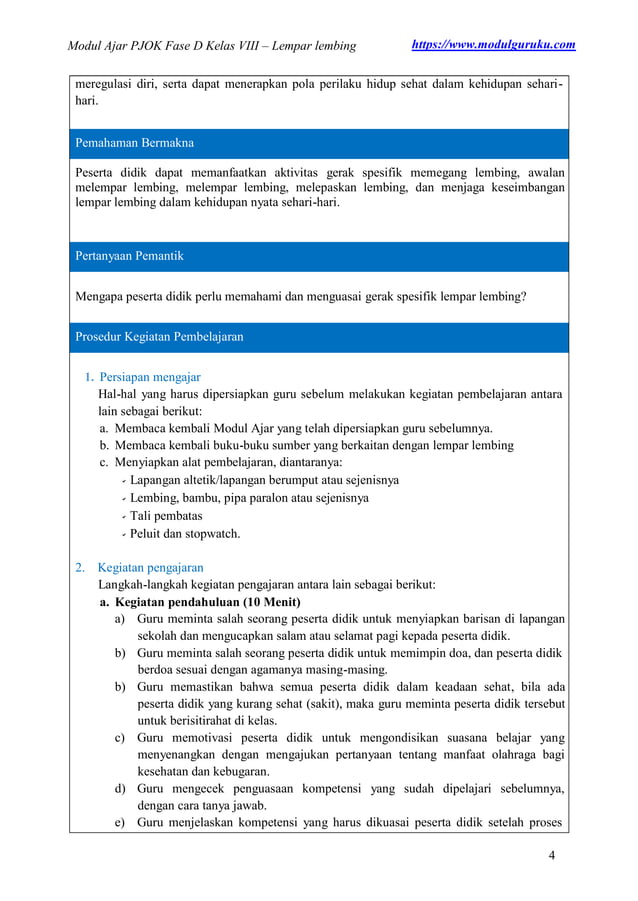 MODUL AJAR PJOK LEMPAR LEMBING FASE D KELAS 8 SMP | DOC