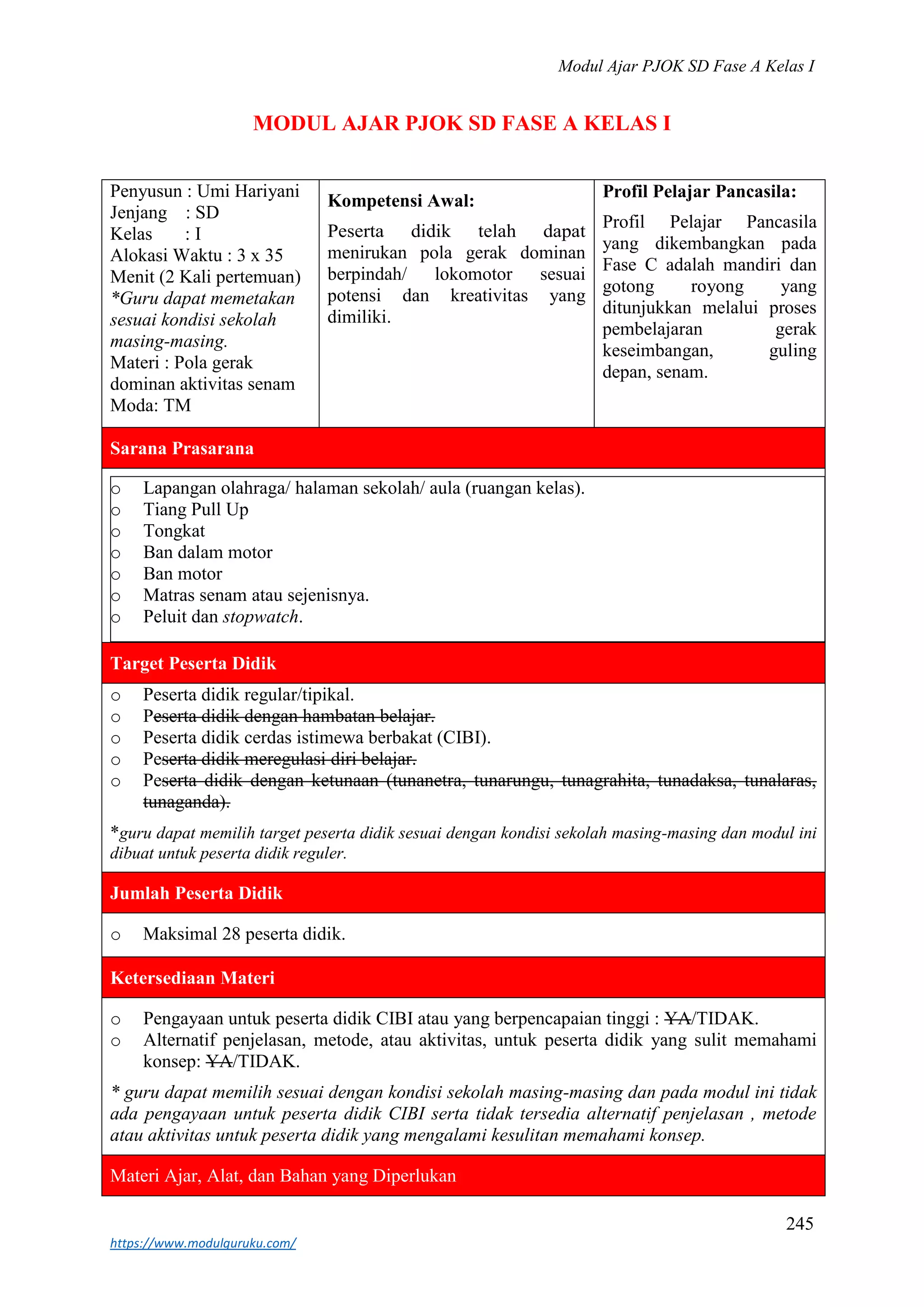 MODUL AJAR PJOK SD FASE A KELAS 1 - 05 AKTIVITAS SENAM | PDF