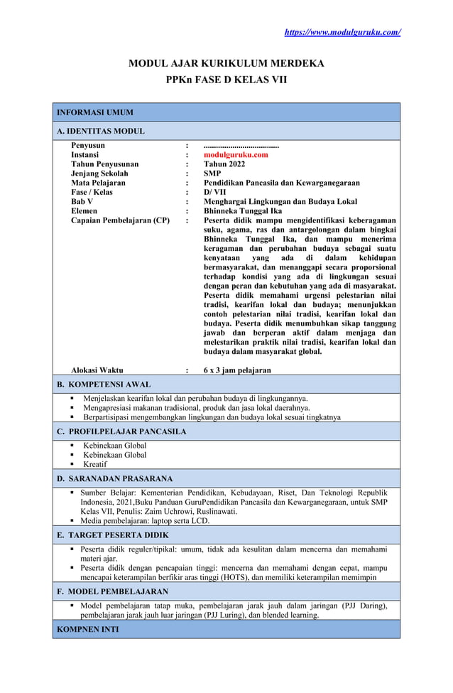 Modul Ajar PPKn Kelas 7 SMP Bab 5 | DOCX