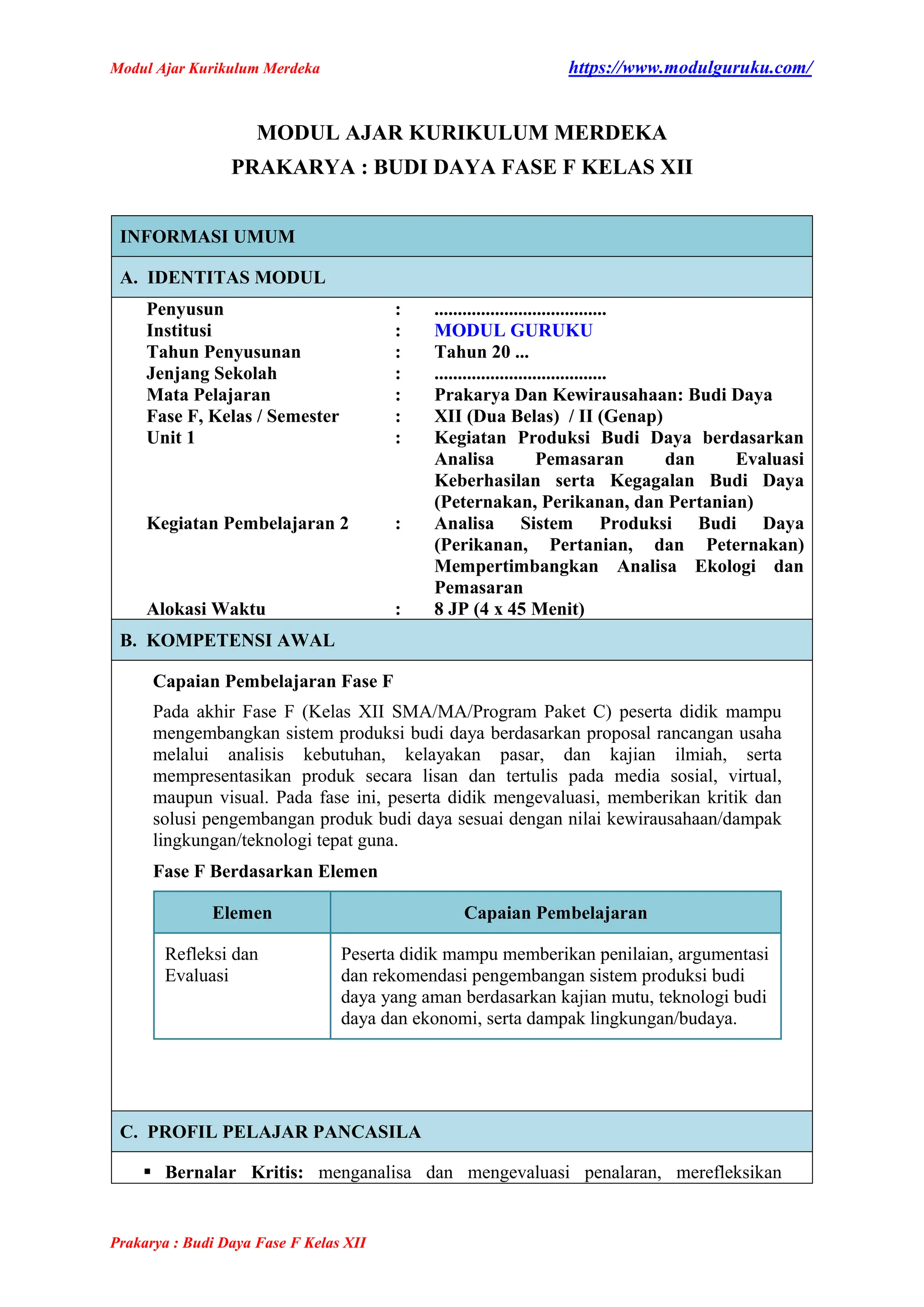 Modul Ajar Prakarya Budidaya Kelas 12 Fase F Kurikulum Merdeka | PDF