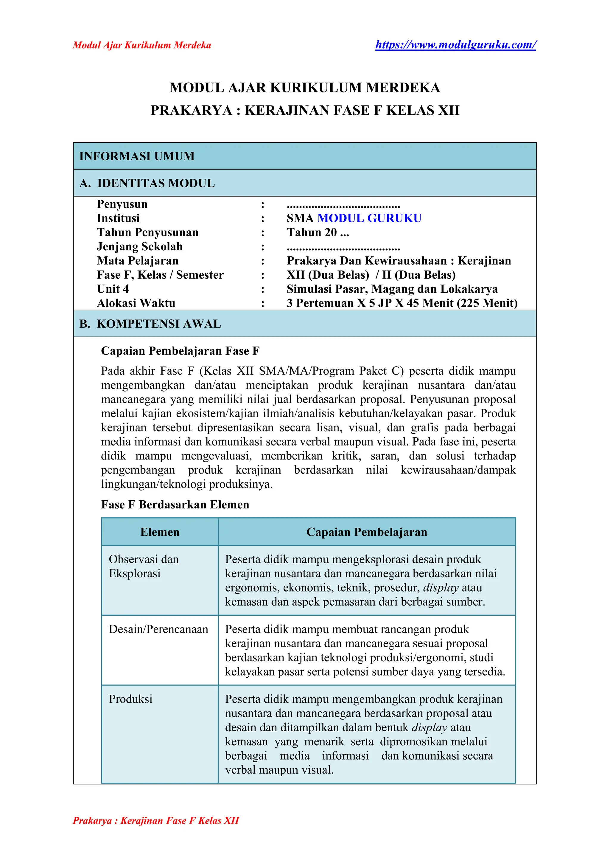 Modul Ajar Prakarya Kerajinan Kelas 12 Fase F Kurikulum Merdeka | PDF