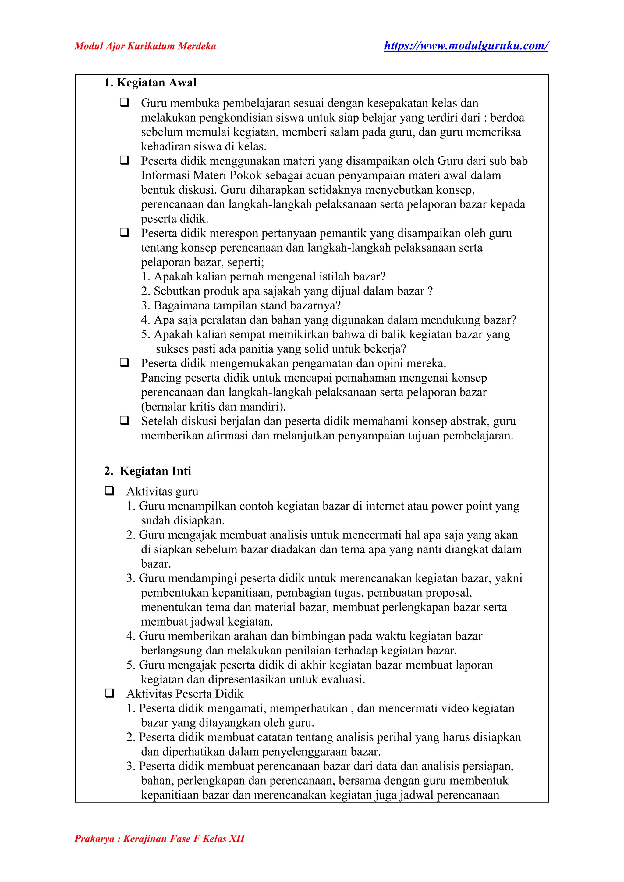 Modul Ajar Prakarya Kerajinan Kelas 12 Fase F Kurikulum Merdeka | PDF