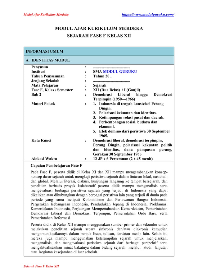 Modul Ajar Sejarah Kelas 12 Fase F Kurikulum Merdeka | PDF