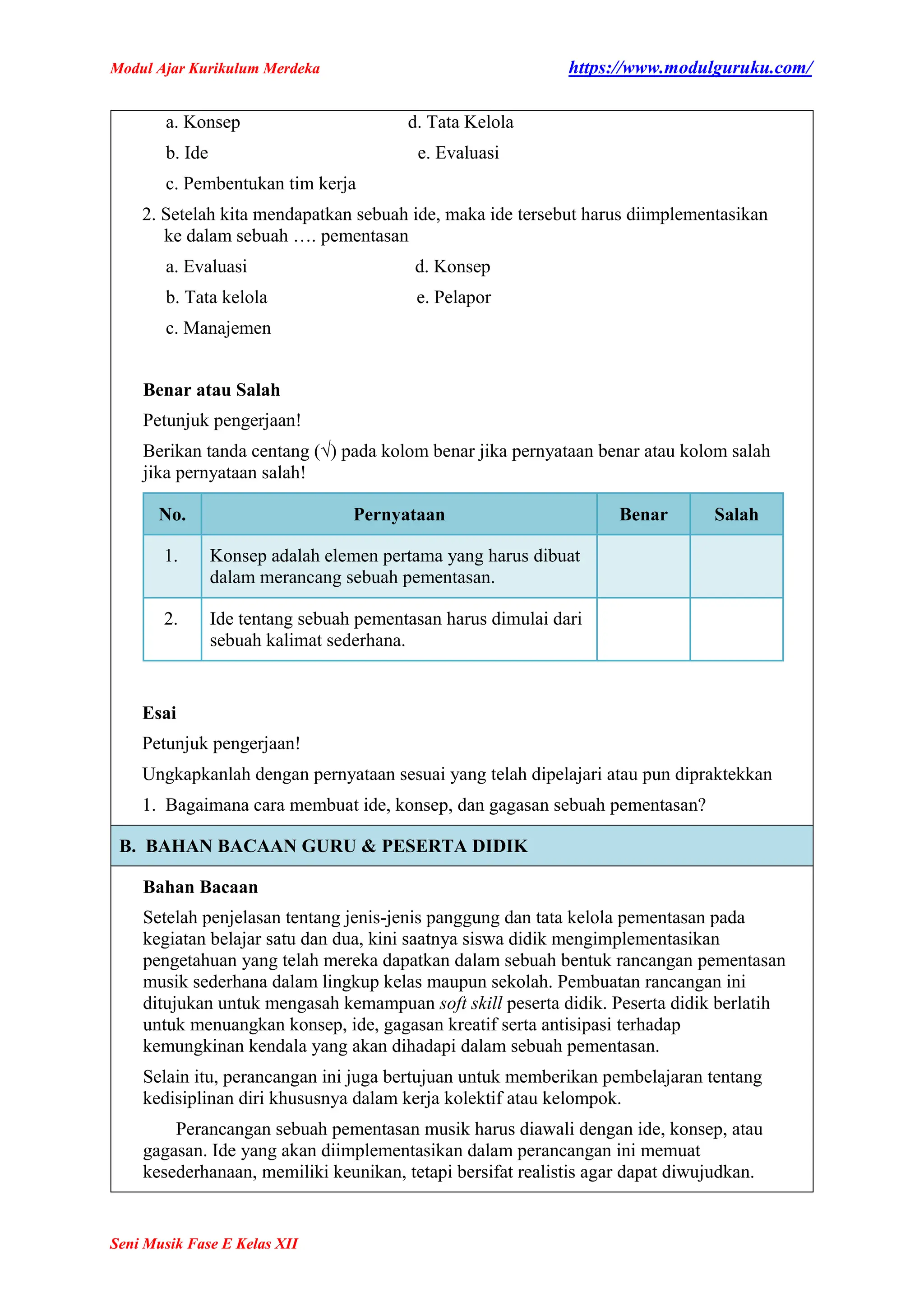 Modul Ajar Seni Musik Kelas 12 Fase F Kurikulum Merdeka | PDF