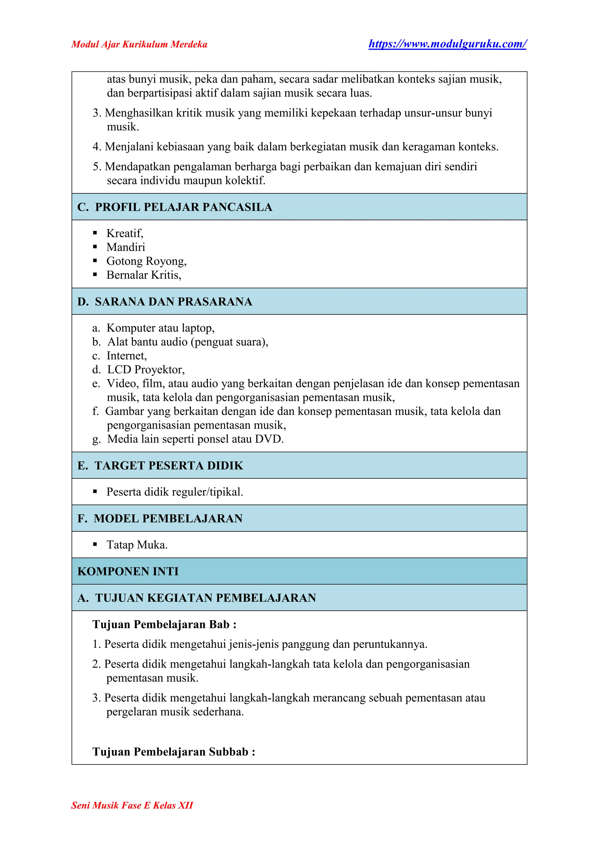 Modul Ajar Seni Musik Kelas 12 Fase F Kurikulum Merdeka | PDF