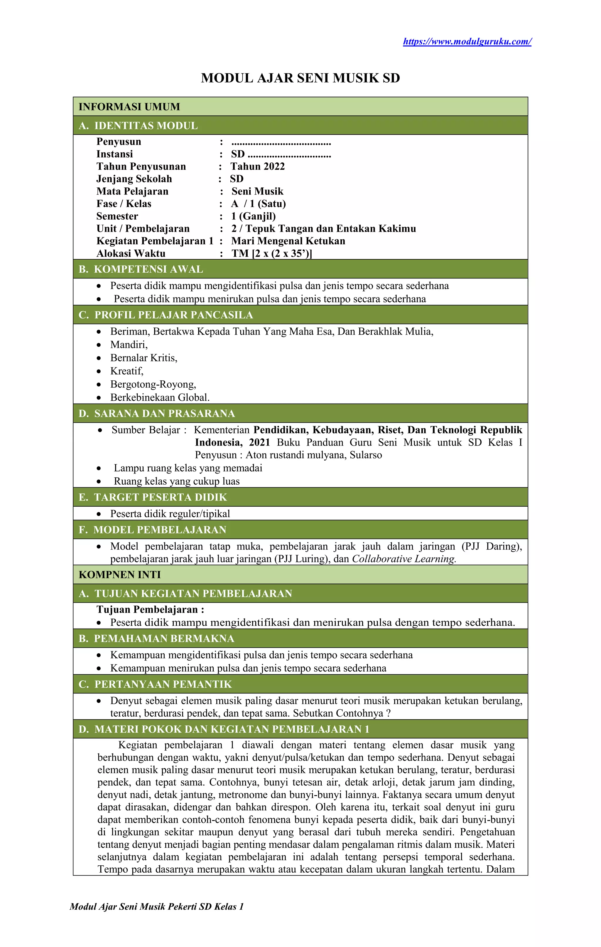MODUL AJAR SENI MUSIK KELAS 1 BAB 2 | DOCX