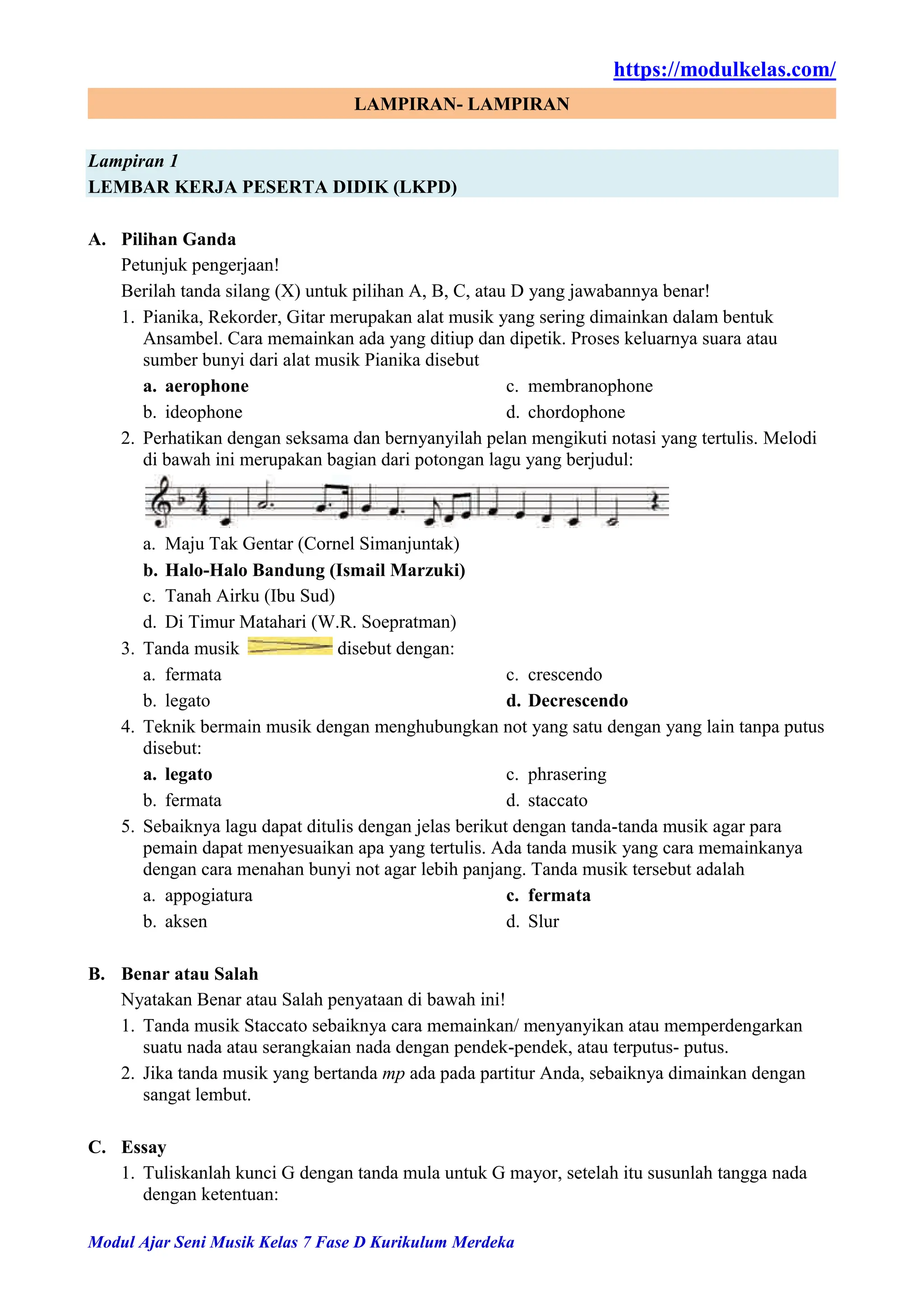 Modul Ajar Seni Musik Kelas 7 SMP/MTs Fase D Kurikulum Merdeka | PDF